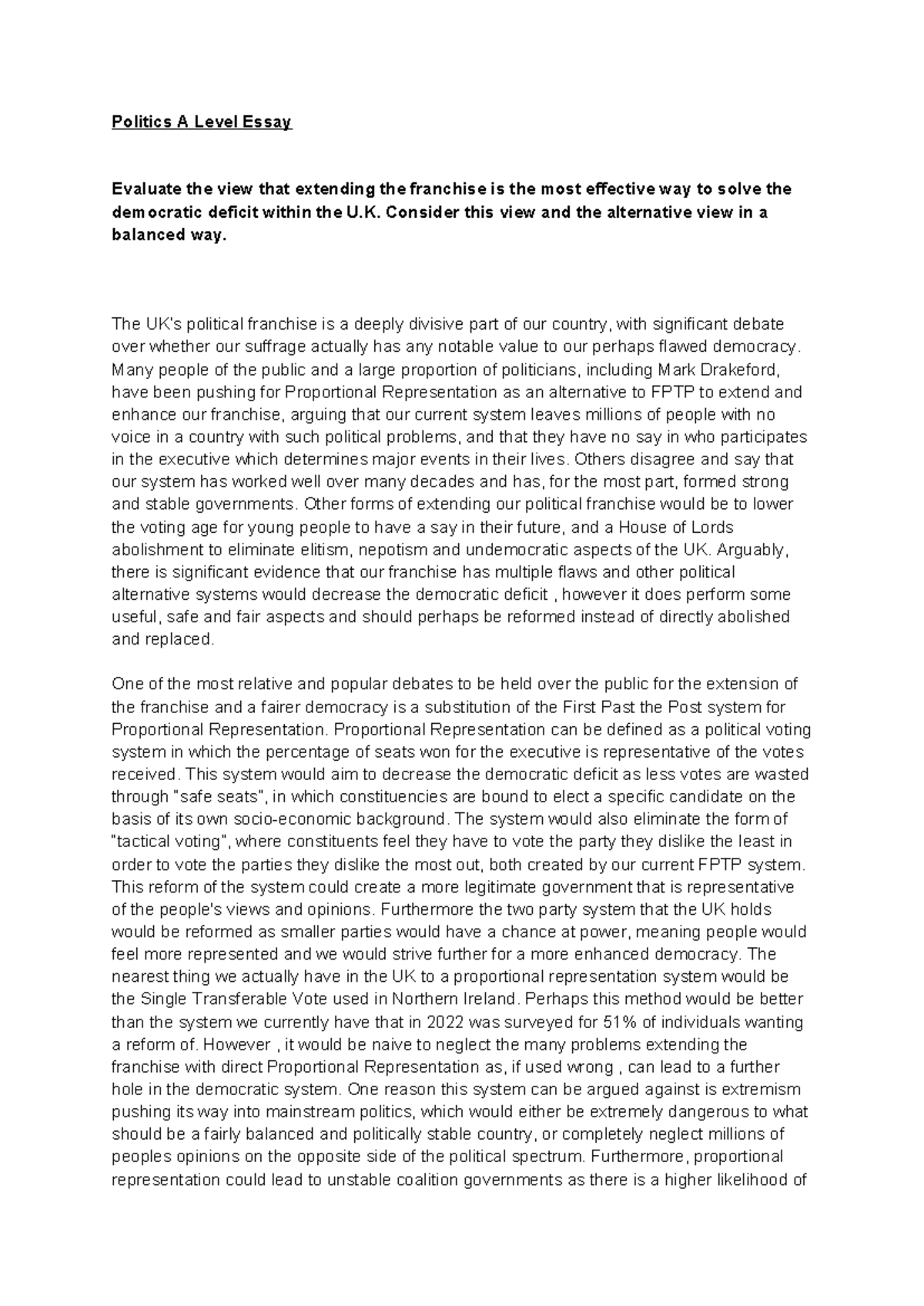 Politics A Level Essay - Extension of the franchise - Politics A Level ...