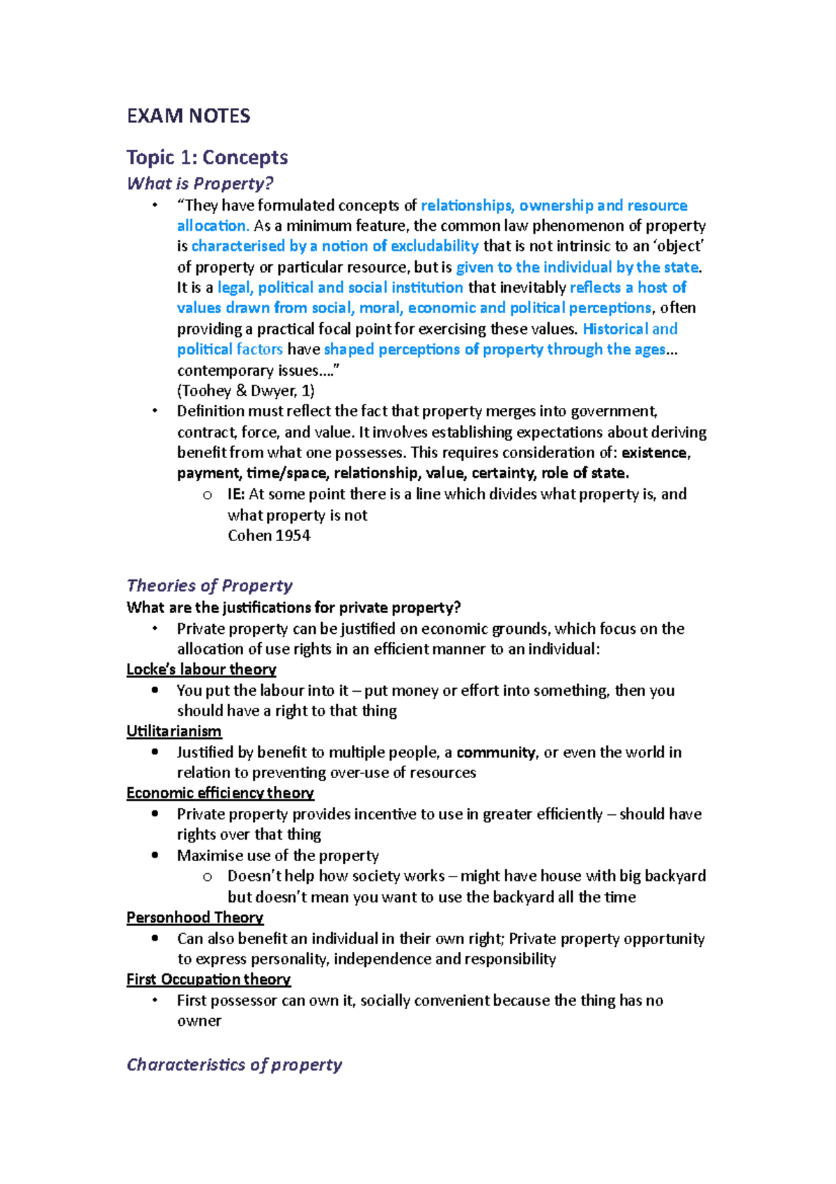 Prop EXAM Notes - EXAM NOTES Topic 1: Concepts What is Property ...