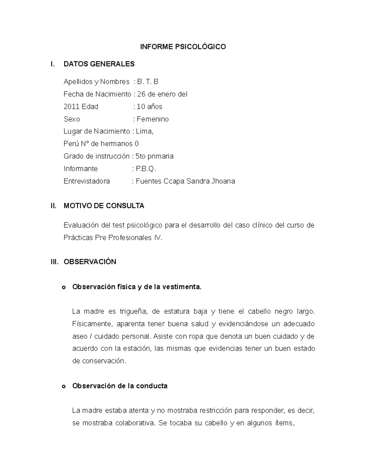 Informe Psicológico EDAH - INFORME PSICOLÓGICO I. DATOS GENERALES ...