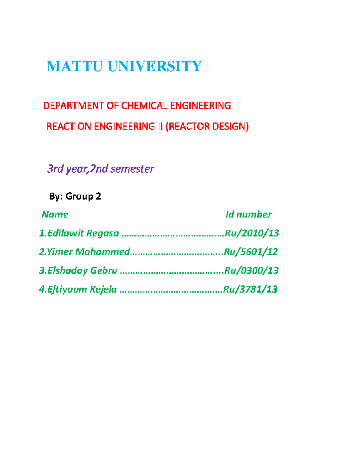 Reaction ll - m,/b - MATTU UNIVERSITY DEPARTMENT OF CHEMICAL ...
