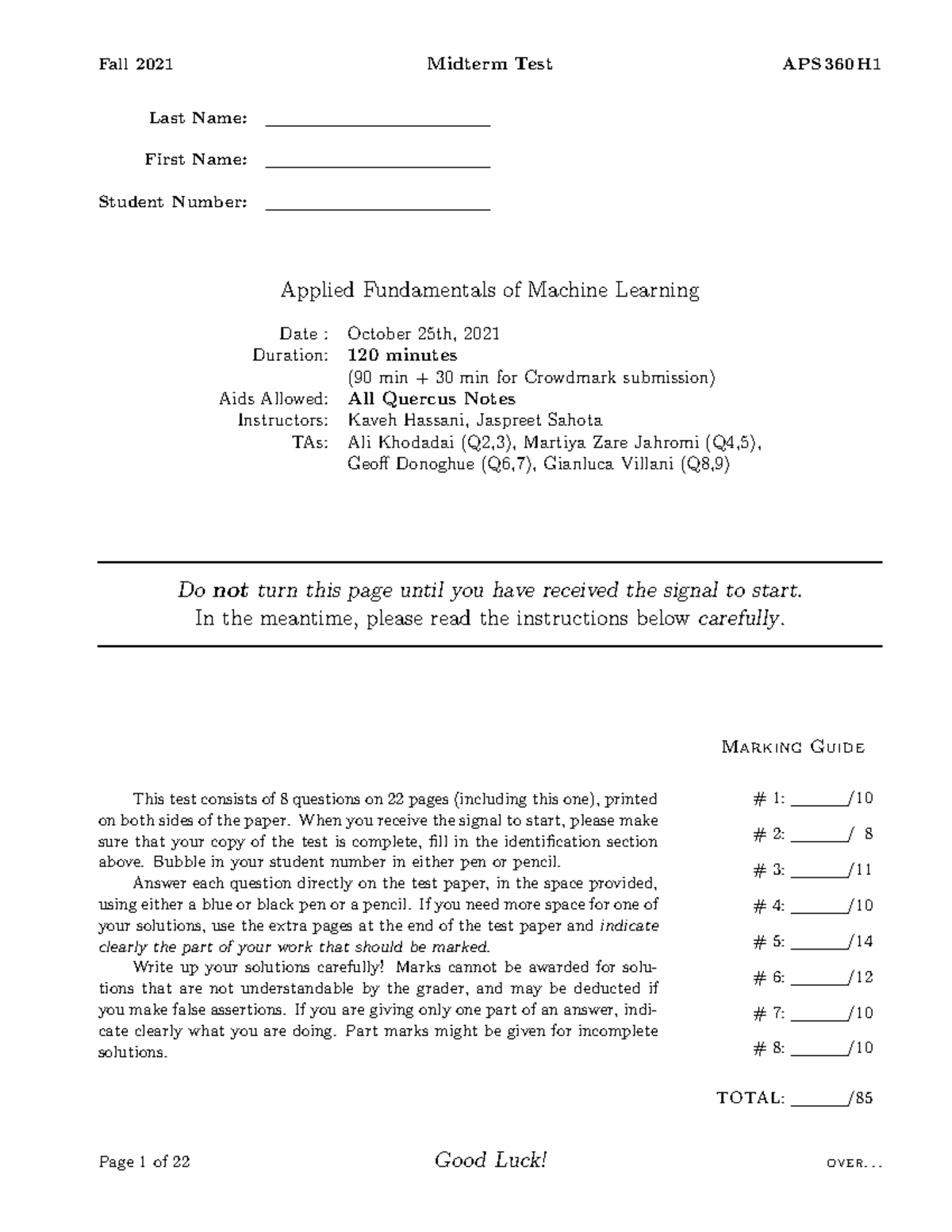 APS360 Midterm Fall 2021 - Fall 2021 Midterm Test APS 360 H Last Name ...