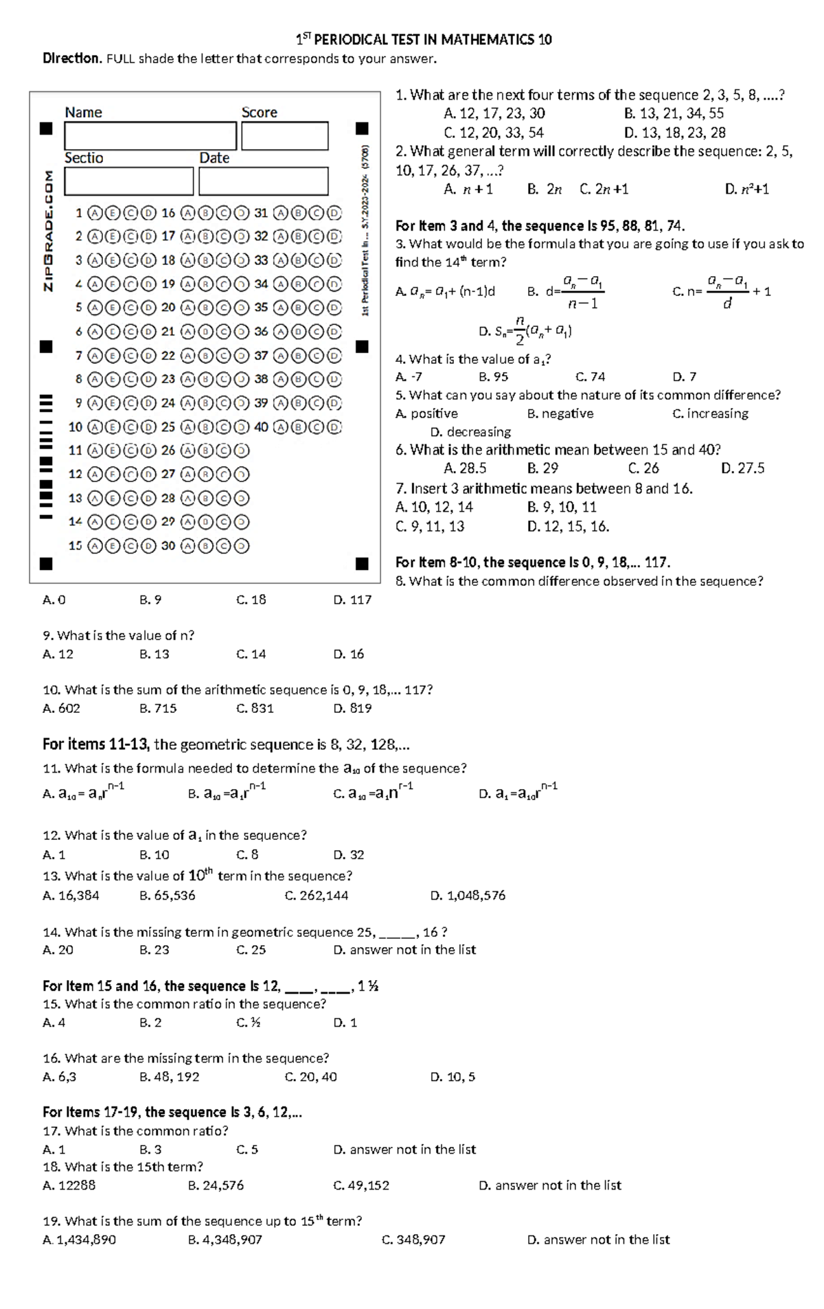 1st Periodical test-quarter 1 Math 10-2023-2024 - 1 ST PERIODICAL TEST ...