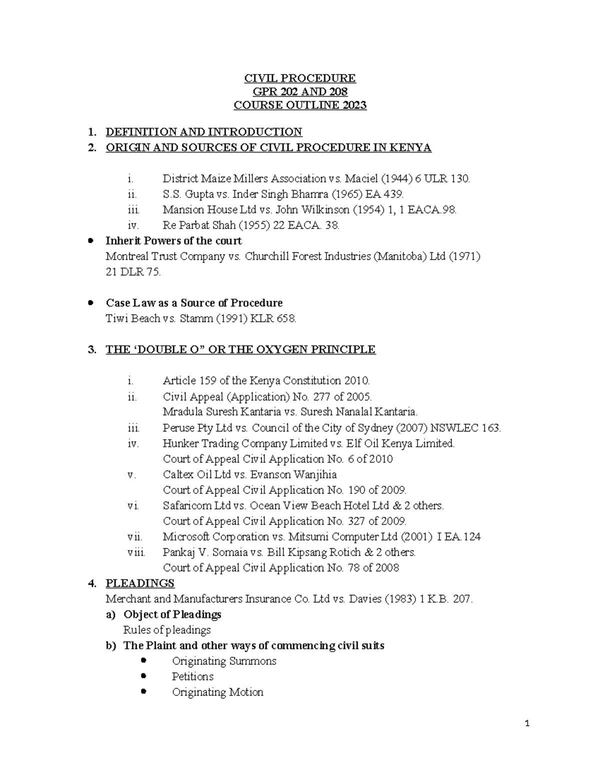 Civil Procedure Course Outline - CIVIL PROCEDURE GPR 202 AND 208 COURSE ...