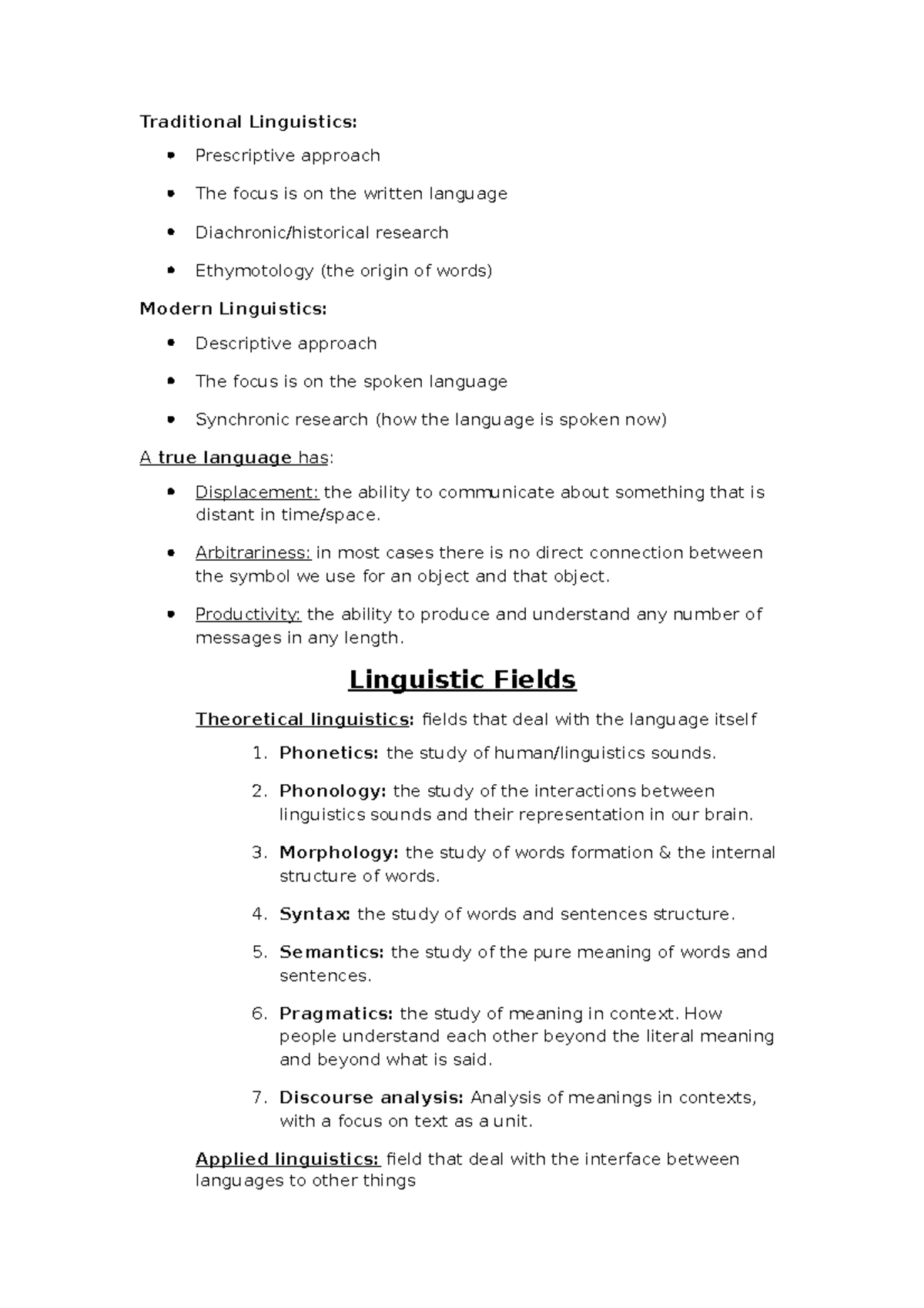 Final exam summary - Traditional Linguistics: Prescriptive approach The ...