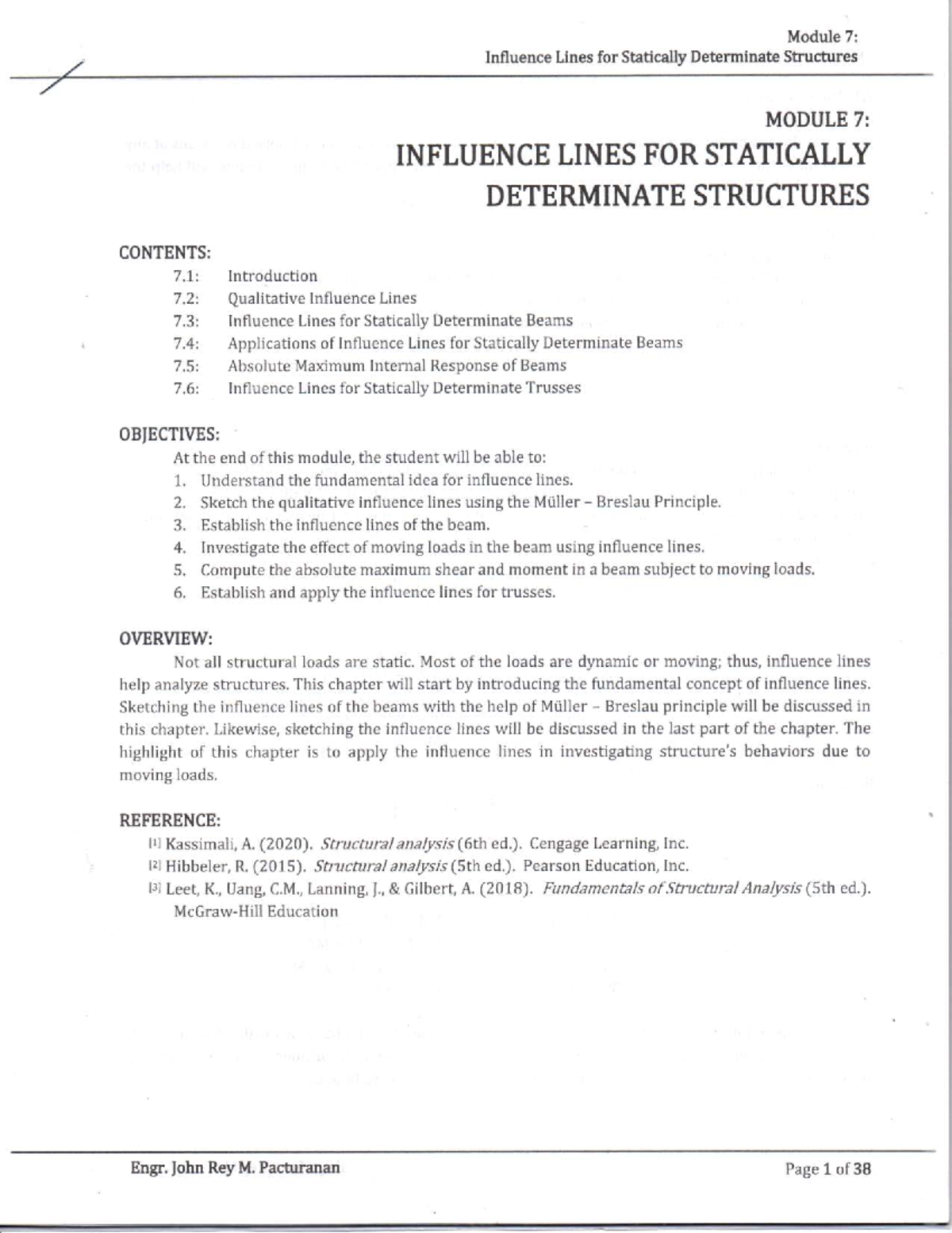 Module 7 - Influence Lines for Statically Determinate Structures (CE 311) - Module 7: Influence ...