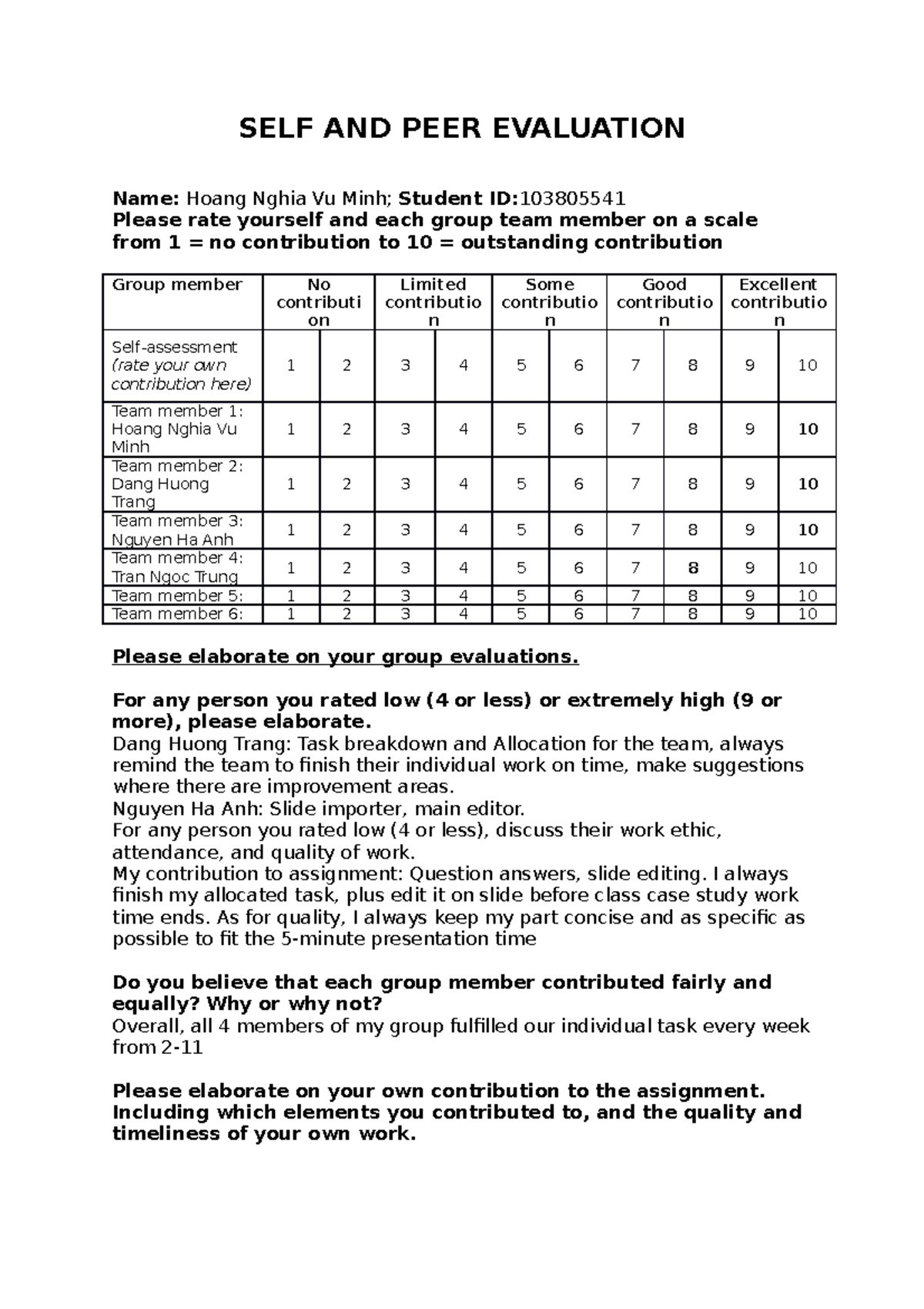 Self and peer evaluation - SELF AND PEER EVALUATION Name: Hoang Nghia ...