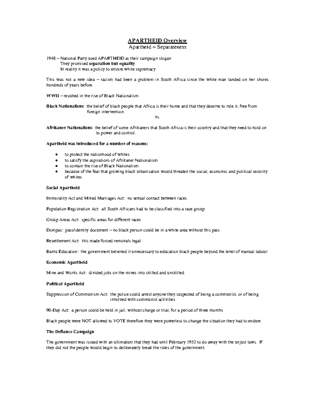 Apartheid Overview Grade 11 History Study Note Summaries APARTHEID 