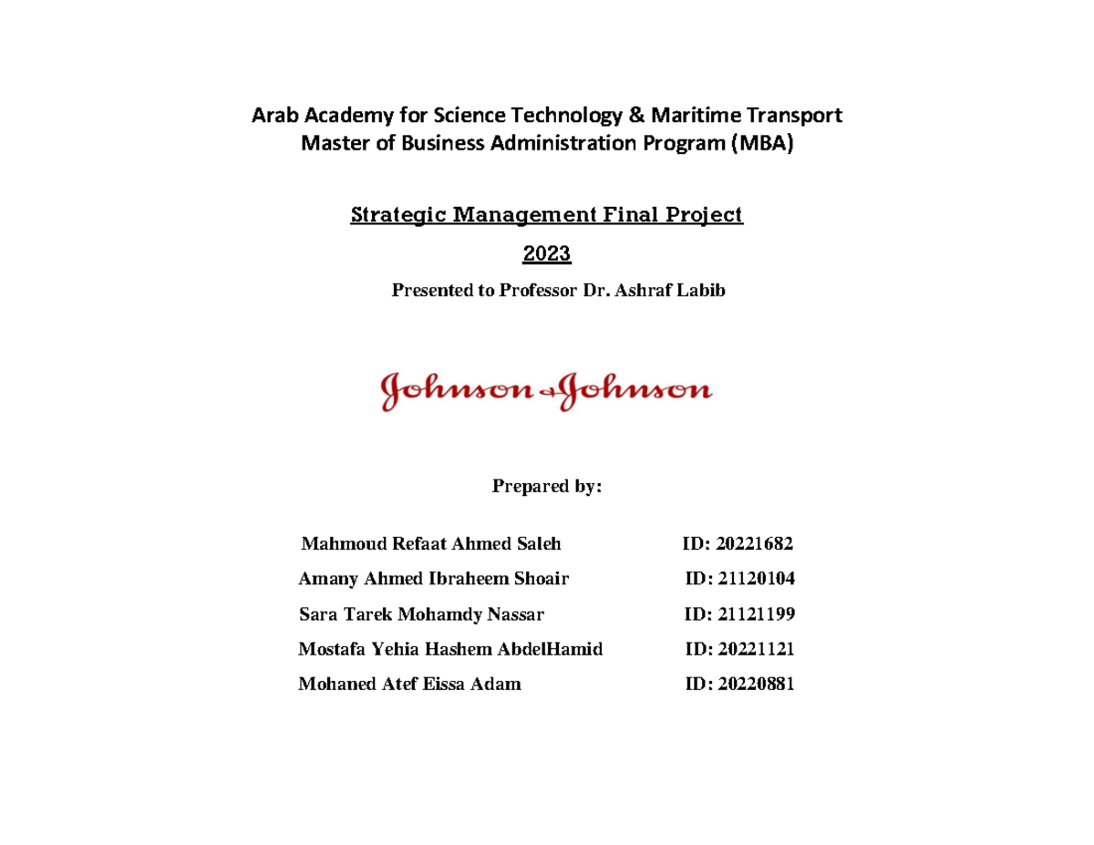 Strategic Management Final Project - Johnson & Johnson - Arab Academy ...