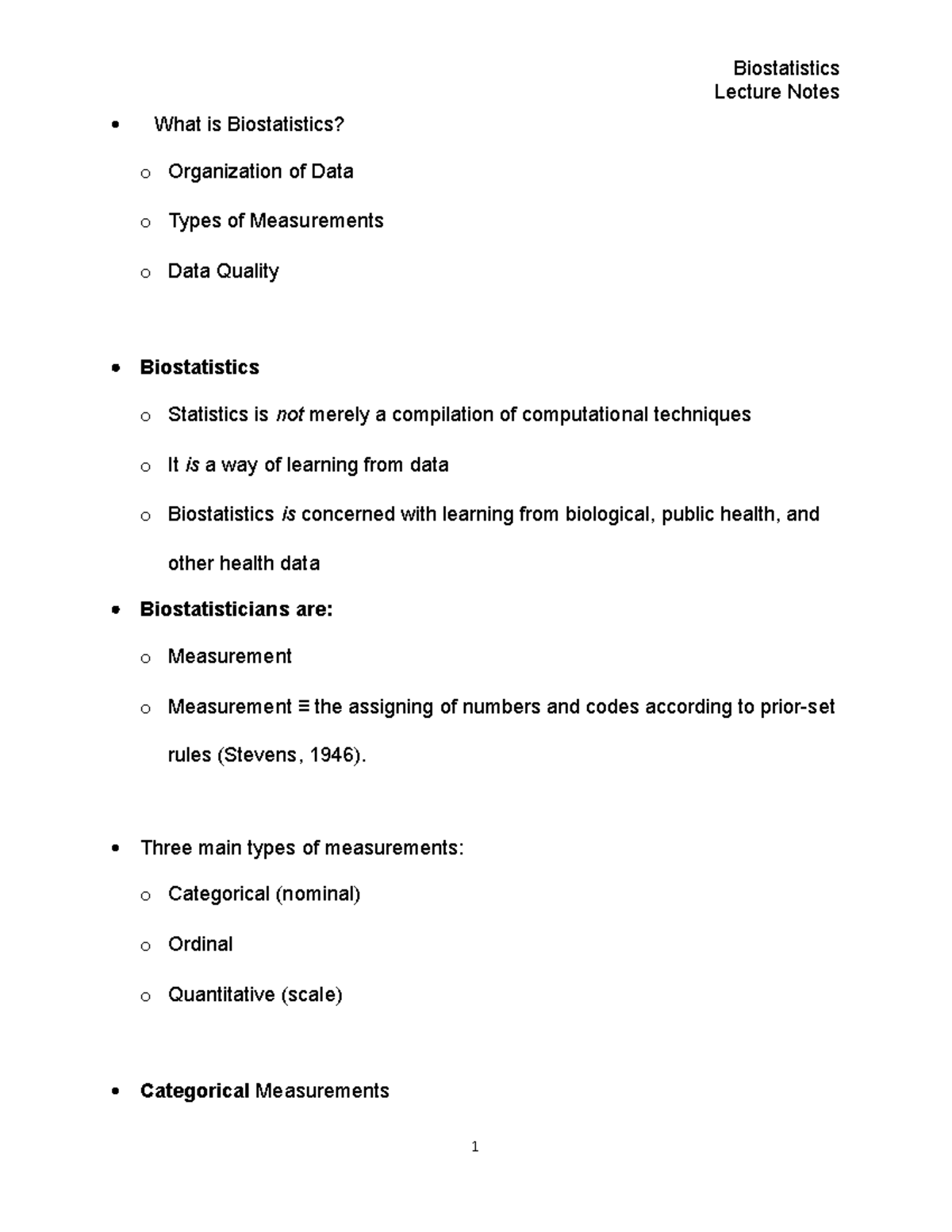2021 Biostatistics Lecture Notes Introduction to Biostatistics 1A ...