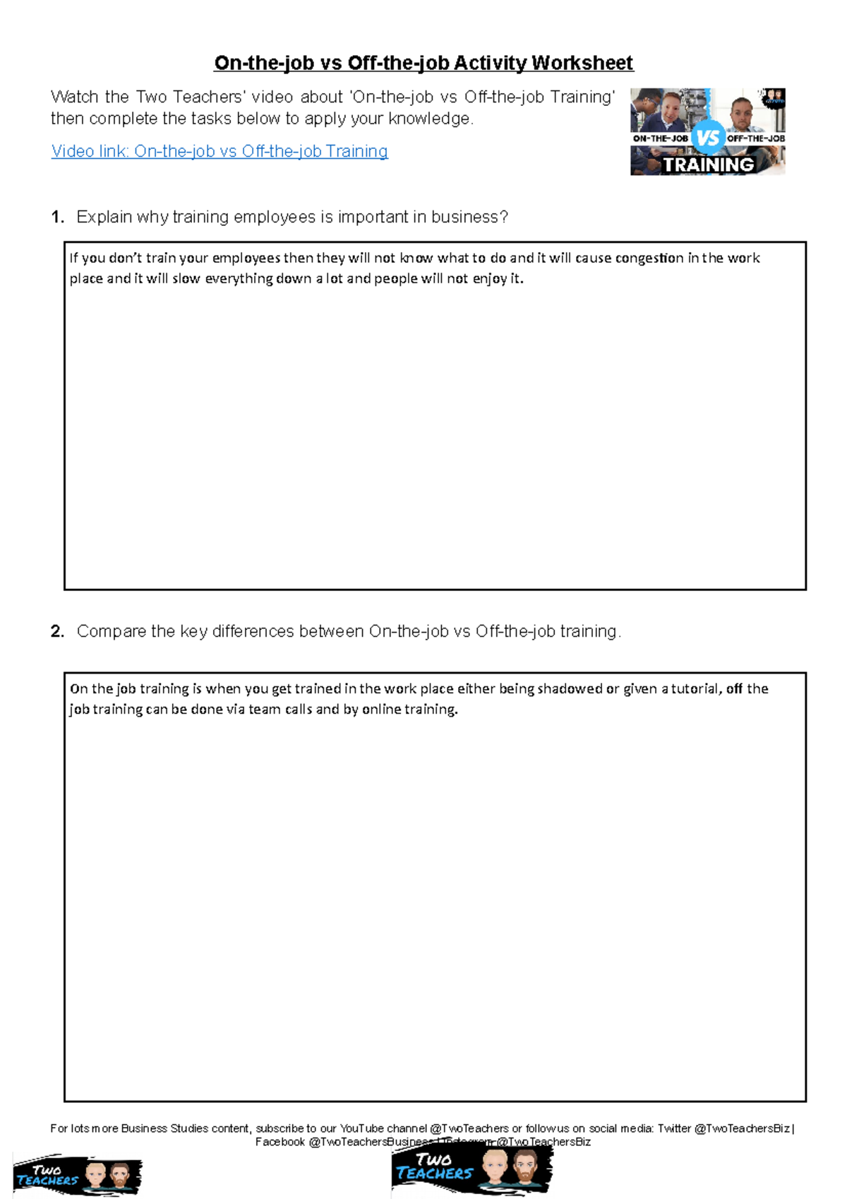 On-the-job vs Off-the-Job Activity Worksheet - Video link: On-the-job ...