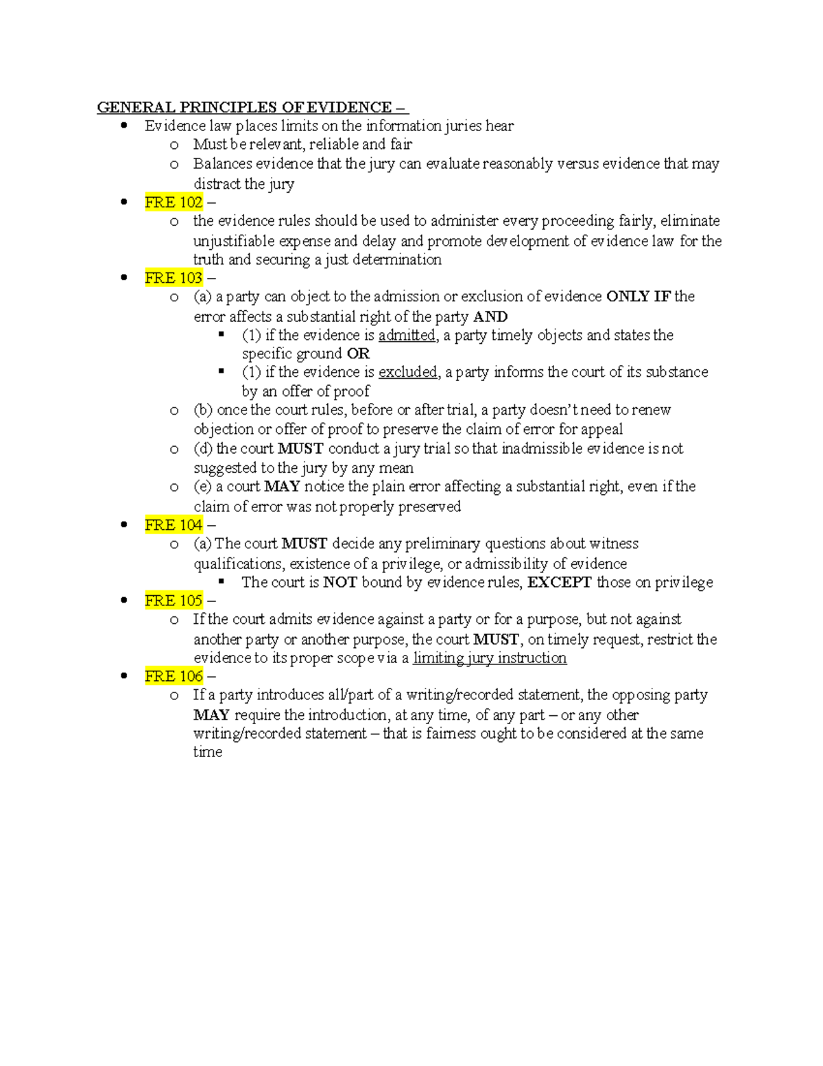 Outline - Final - Summary Evidence - GENERAL PRINCIPLES OF EVIDENCE ...