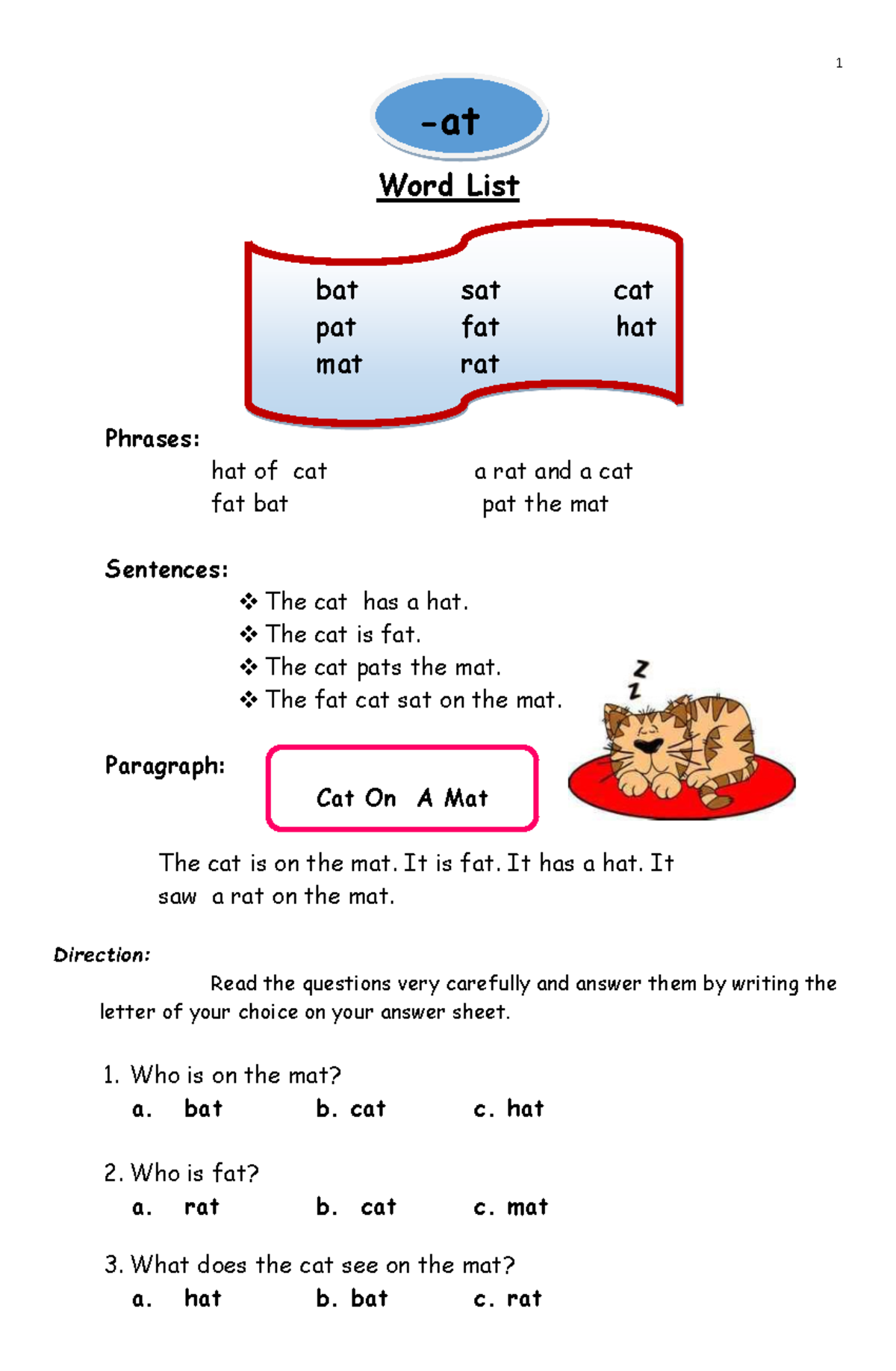 CVC Pattern Reading - at Word List bat sat cat pat fat hat mat rat ...