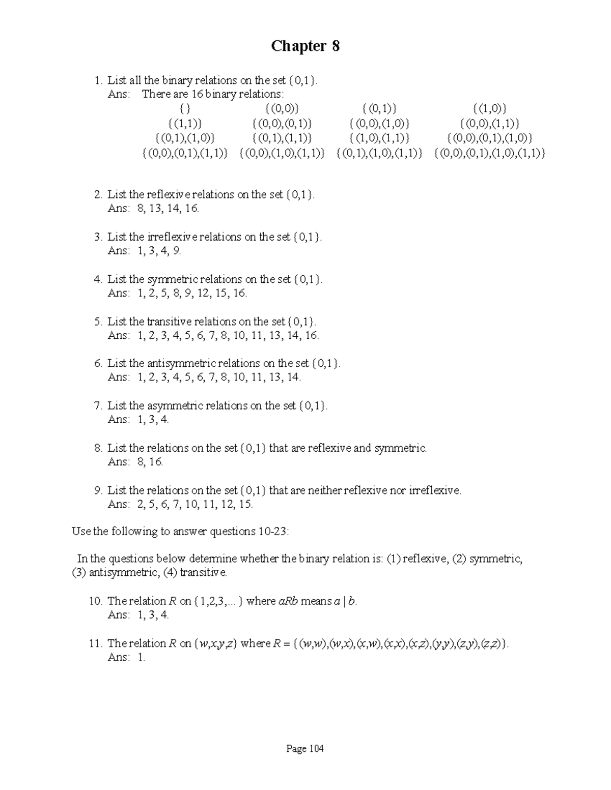 Chapter 08-review-questions - Chapter 8 List all the binary relations ...