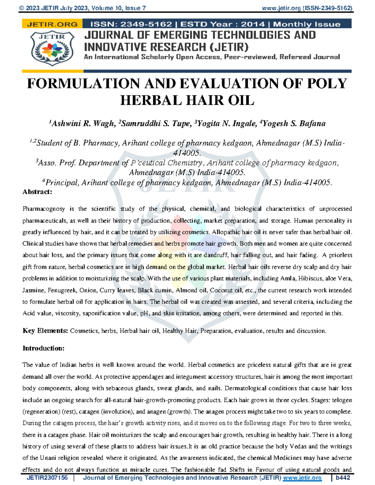 Jetir 2307156 - Hair oil - FORMULATION AND EVALUATION OF POLY HERBAL ...