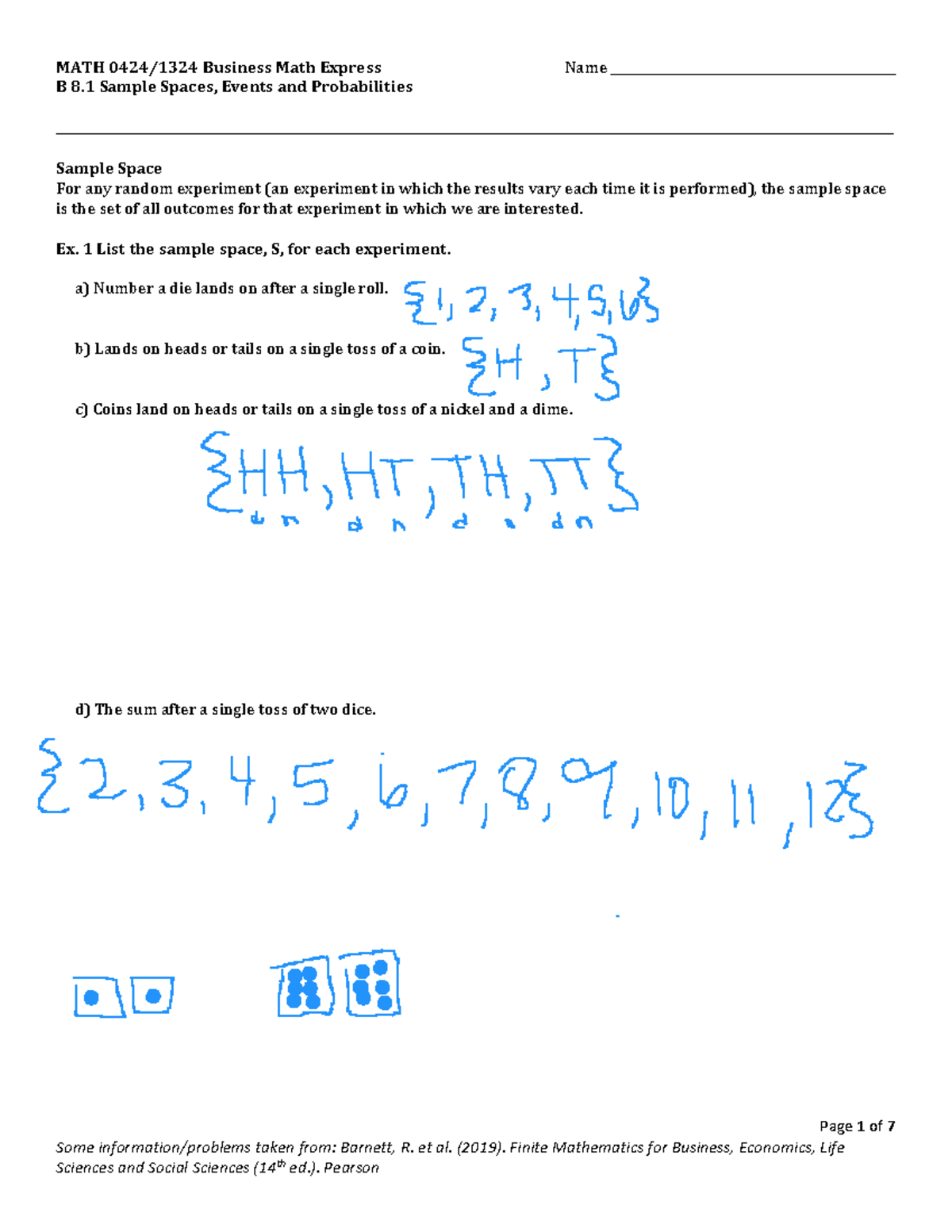 Sample Space, Events and Probability - MATH 0424/1324 Business Math ...