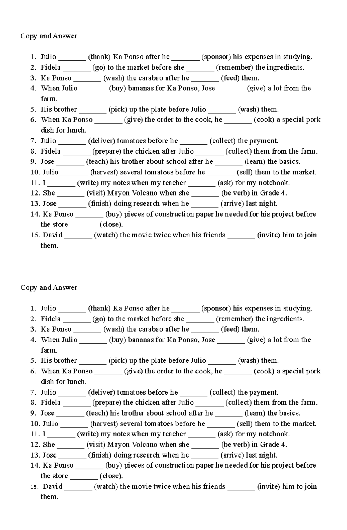 English Exercise - Copy and Answer 1. Julio _______ (thank) Ka Ponso ...