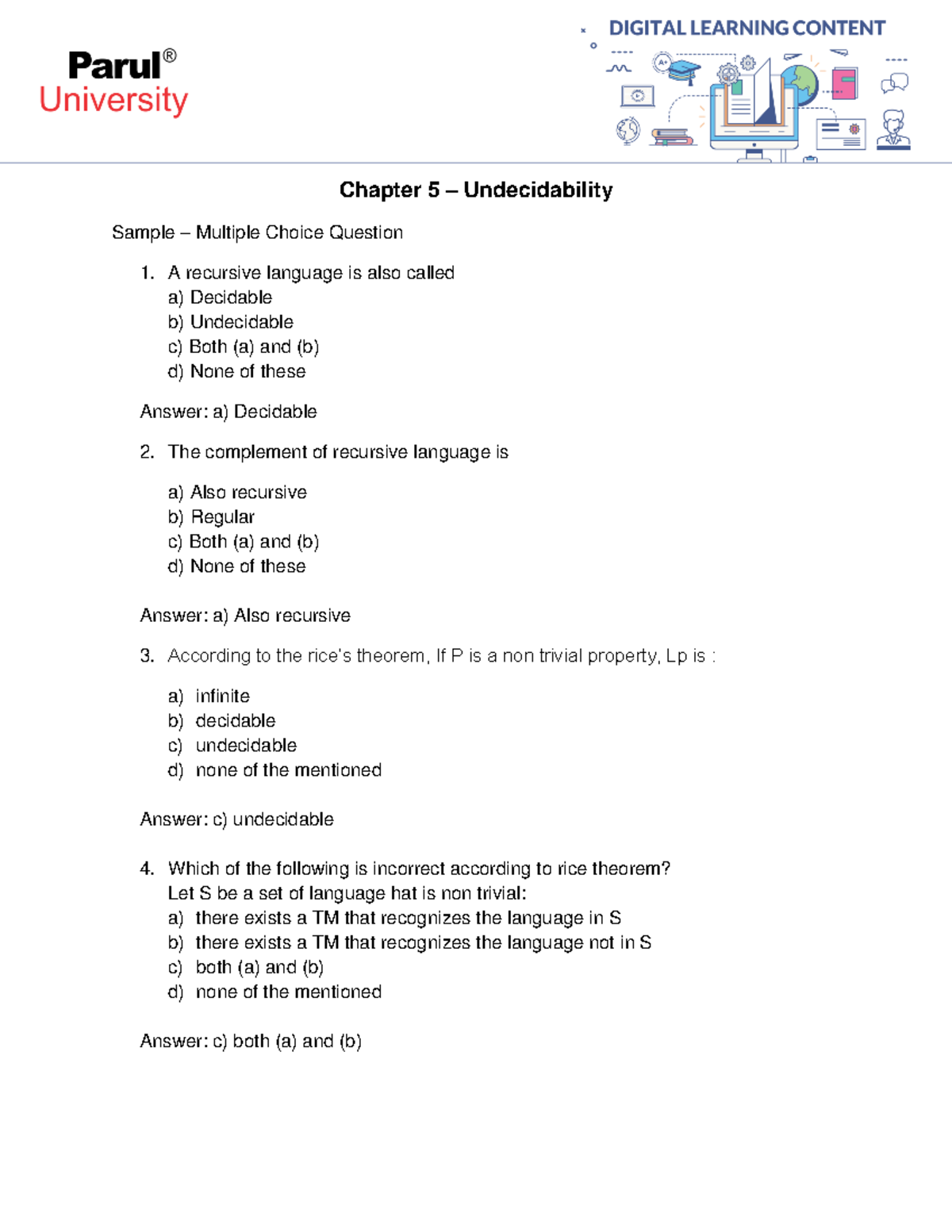 Assessment 203105305 5 Chapter 5 Undecidability Sample Multiple Choice Question A