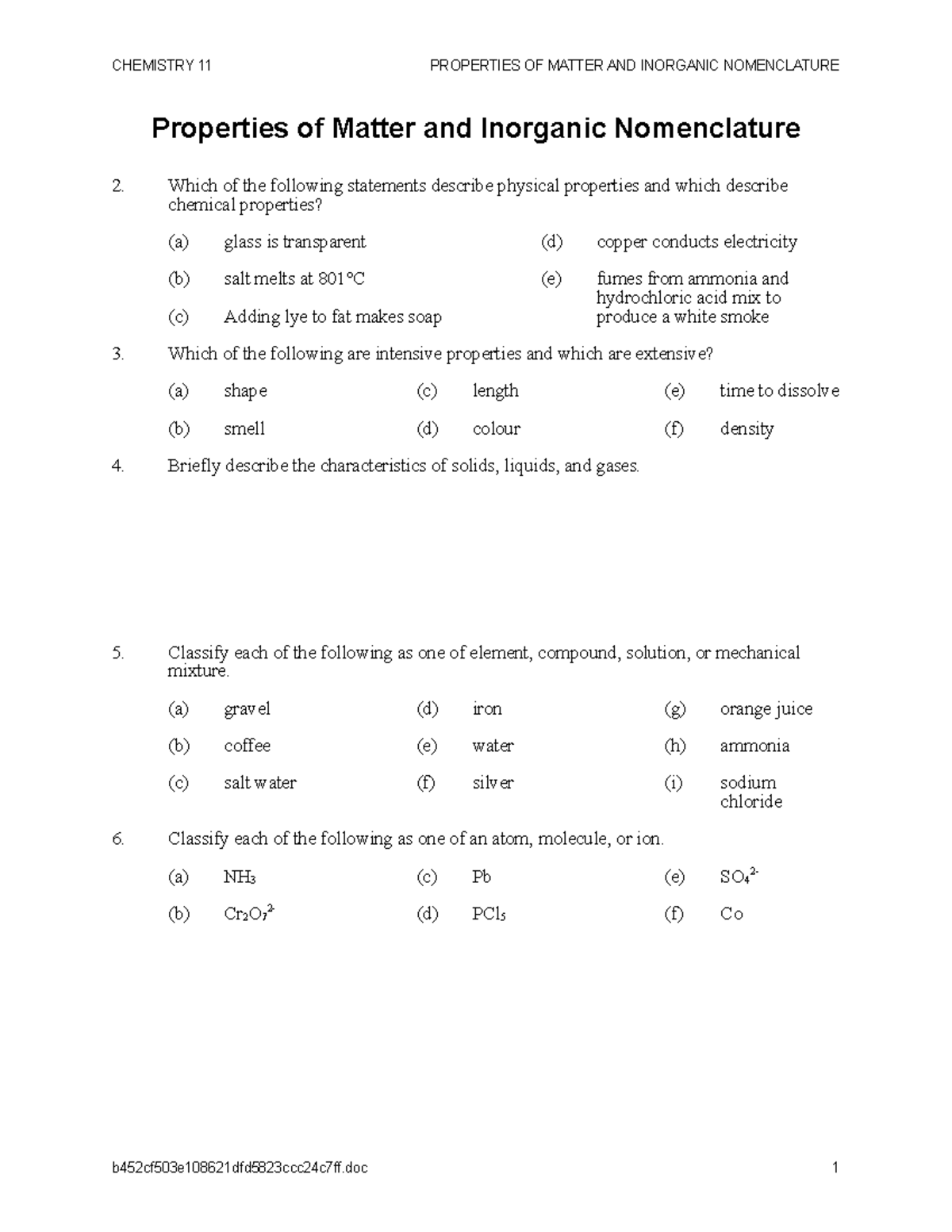 Unit 1 Nature of Matter - Review Questions - Properties of Matter and ...