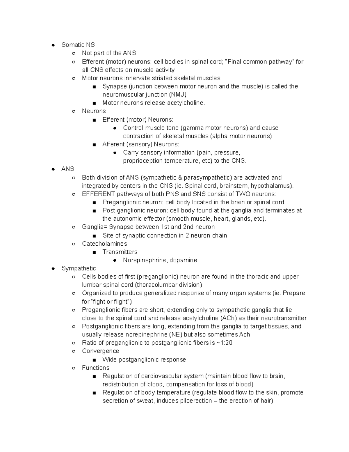1.2 Notes ANS - Summary of autonomic nervous system - Somatic NS Not ...