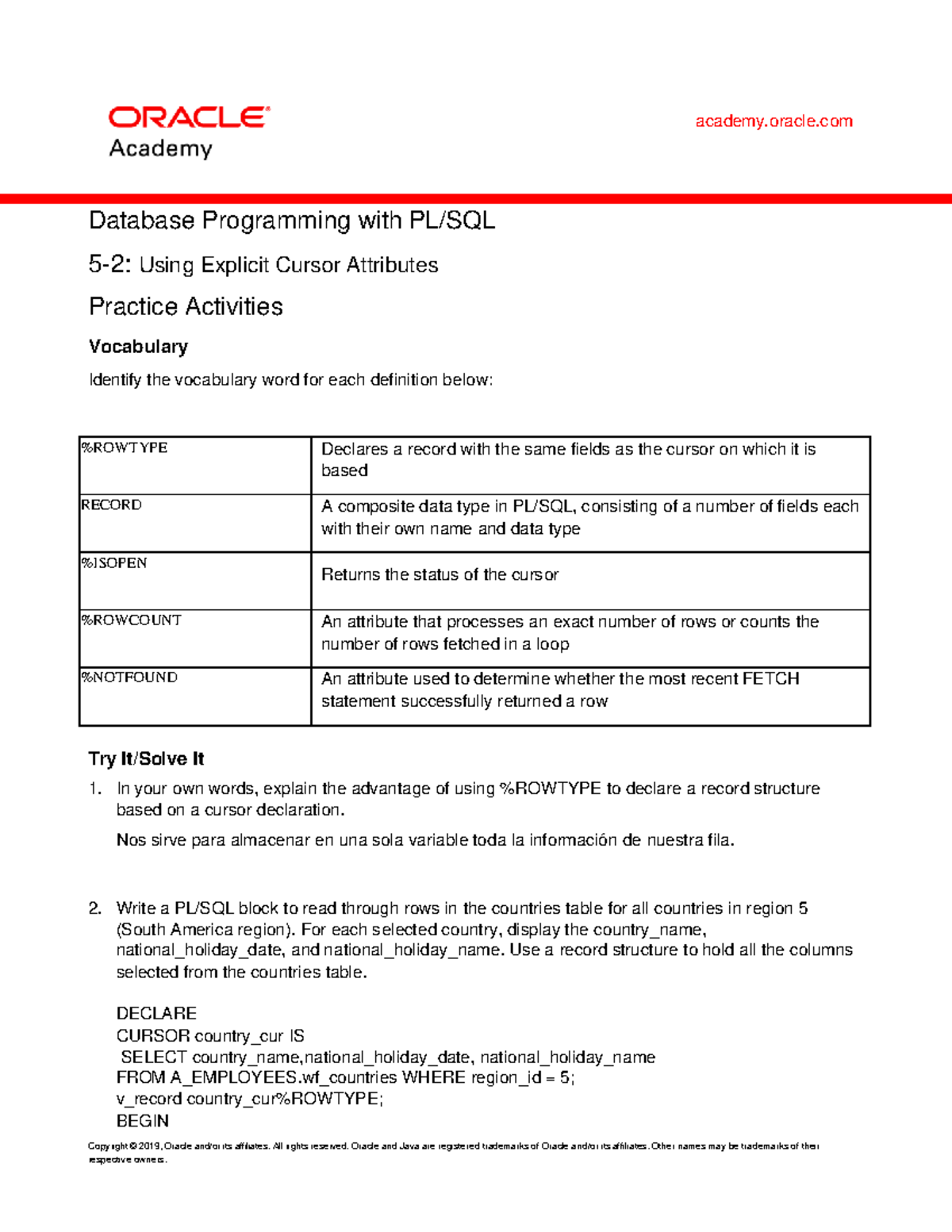 Plsql 5 2 Practice - Copyright © 2019, Oracle and/or its affiliates ...