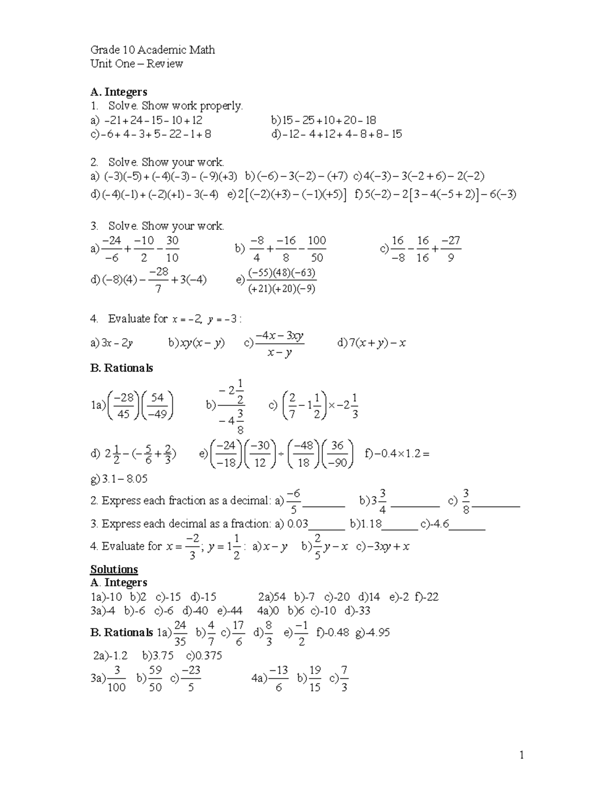 MPM1D Review Grade 9 Review Package WS Grade 10 Academic Math