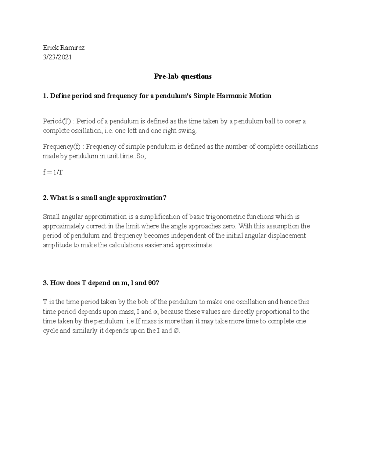 Pre lab questions for harmonic motion - Erick Ramirez 3/23/ Pre-lab ...