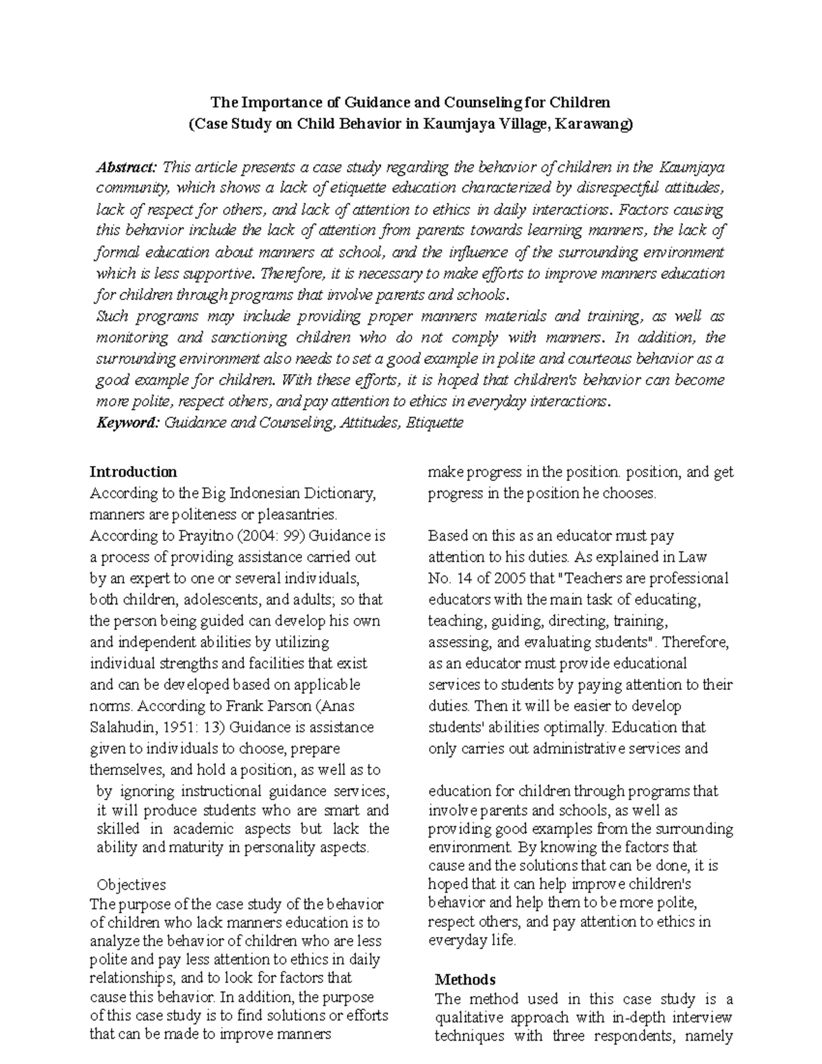 Case Study on Child Behavior in Kaumjaya Village, Karawang - The ...