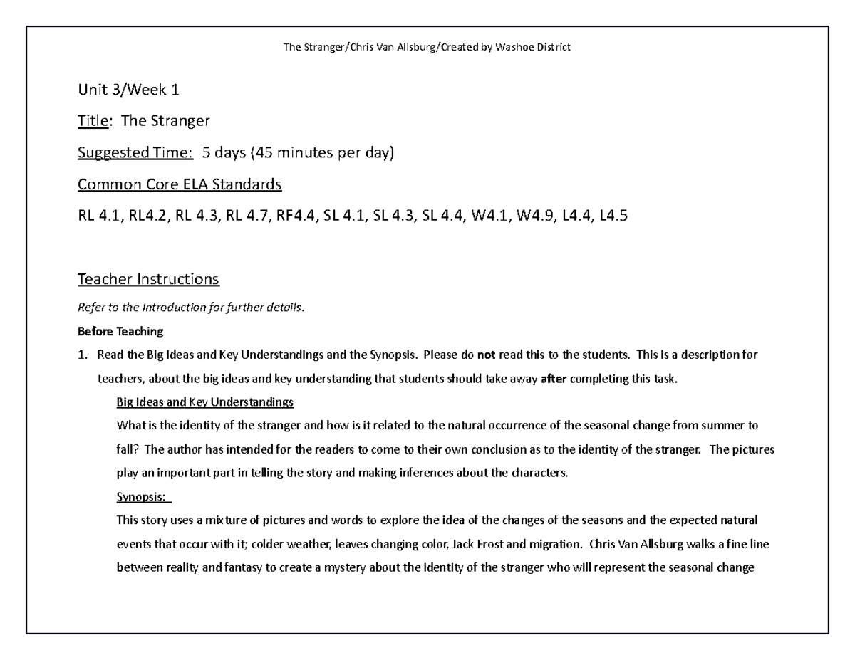 4.The Stranger.lesson - Basal 2 - Unit 3/Week 1 Title: The Stranger ...