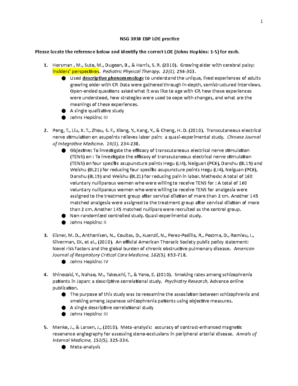 EBP LOE practice - KEY with notes - 1 NSG 3930 EBP LOE practice Please ...
