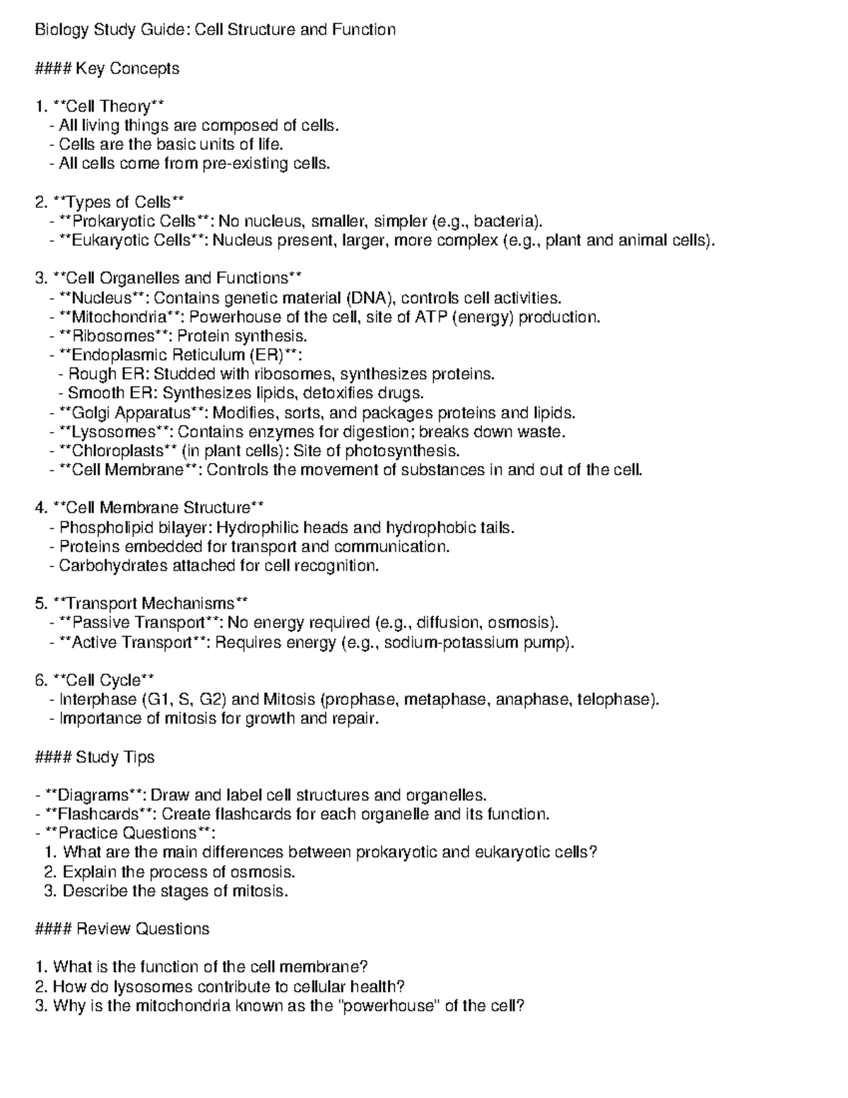 Biol36372728 - Biology Study Guide: Cell Structure and Function Key ...