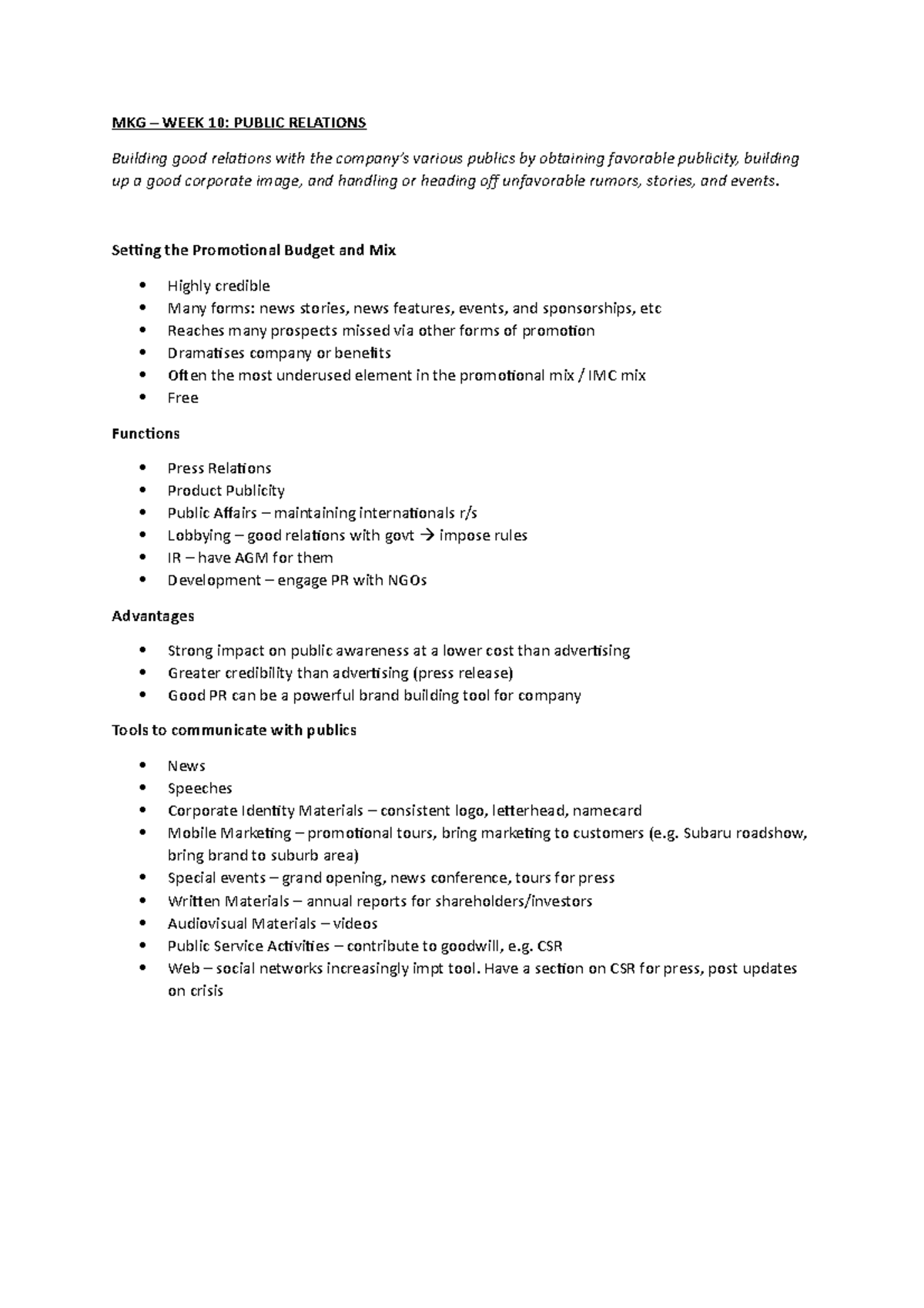 PR notes - MKG WEEK 10: PUBLIC RELATIONS Building good relations with ...