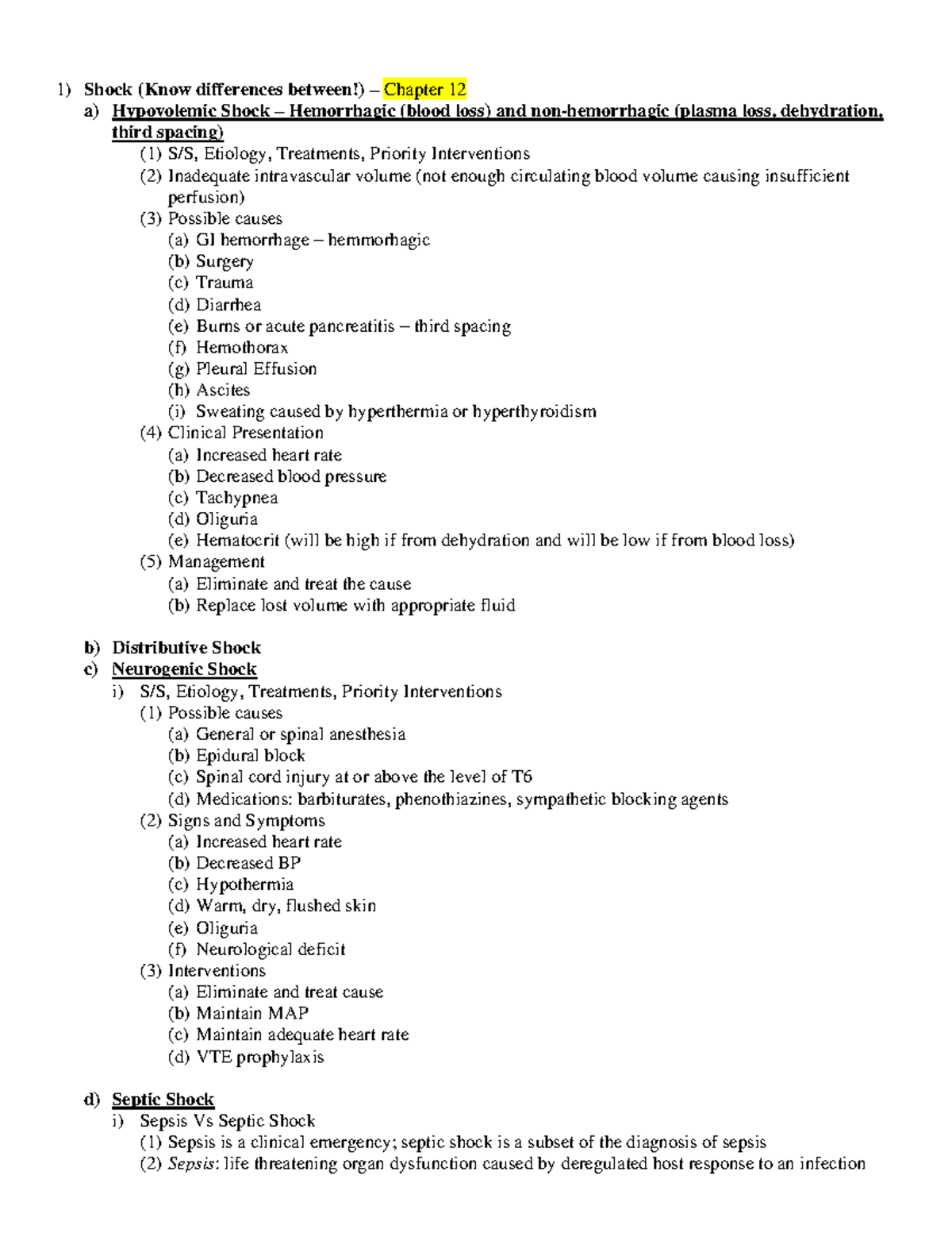 Critical Care Review - Shock (Know differences between!) – Chapter 12 a ...