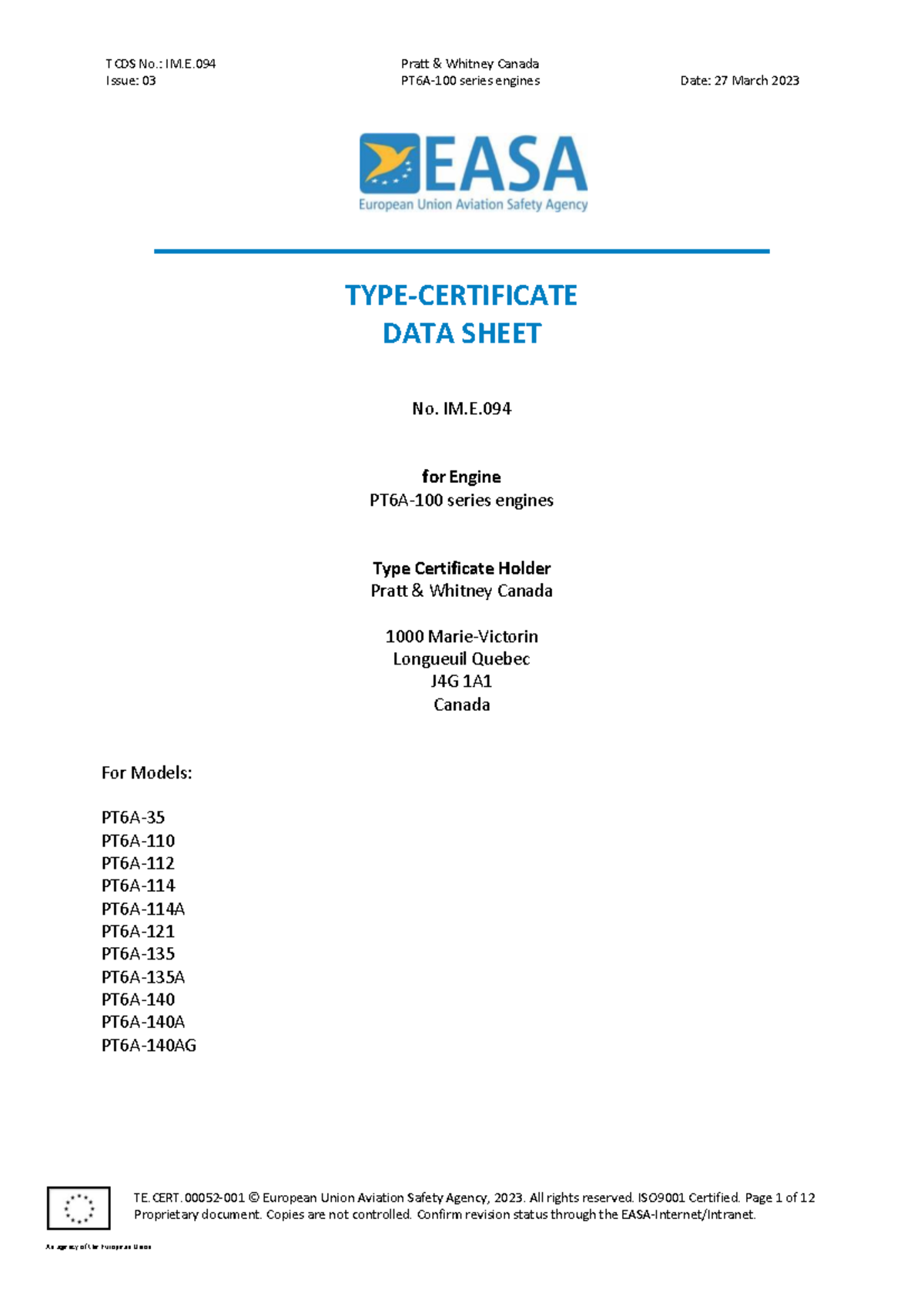 EASA IM - easa - Issue: 03 PT6A- 100 series engines Date: 27 March 2023 ...