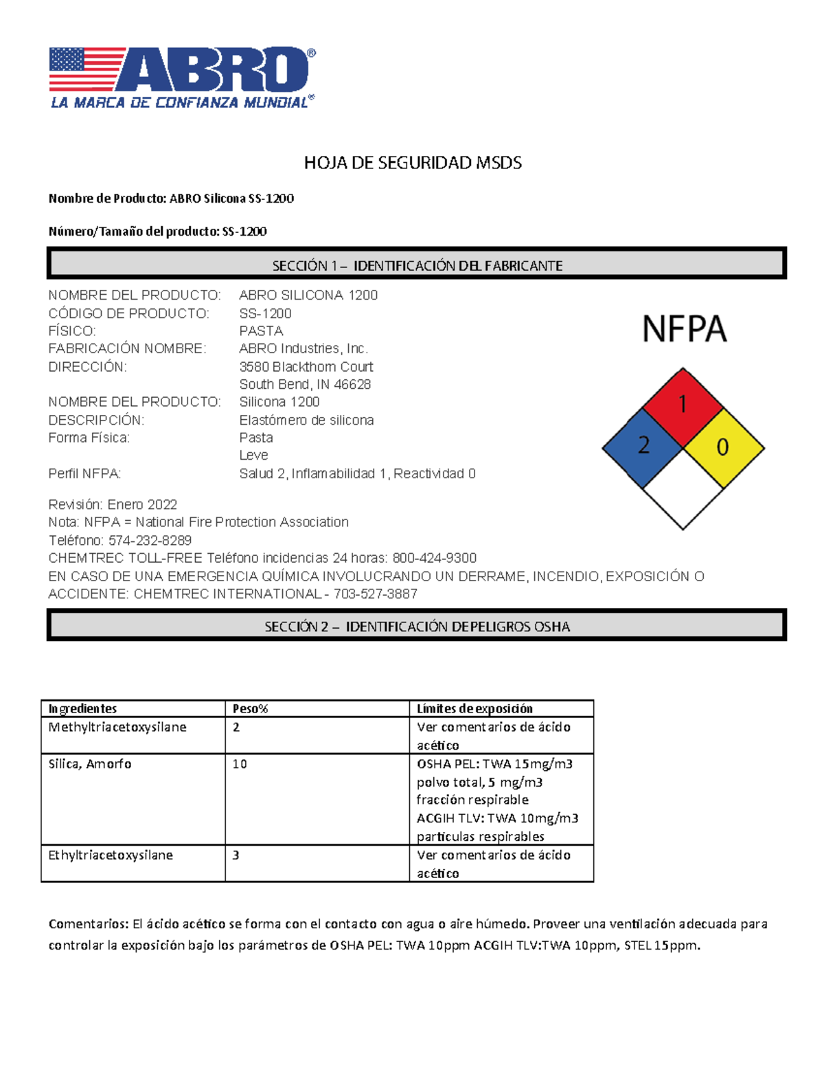 1 ABRO Silicona 1200 Pasta - HOJA DE SEGURIDAD MSDS Nombre de Producto ...