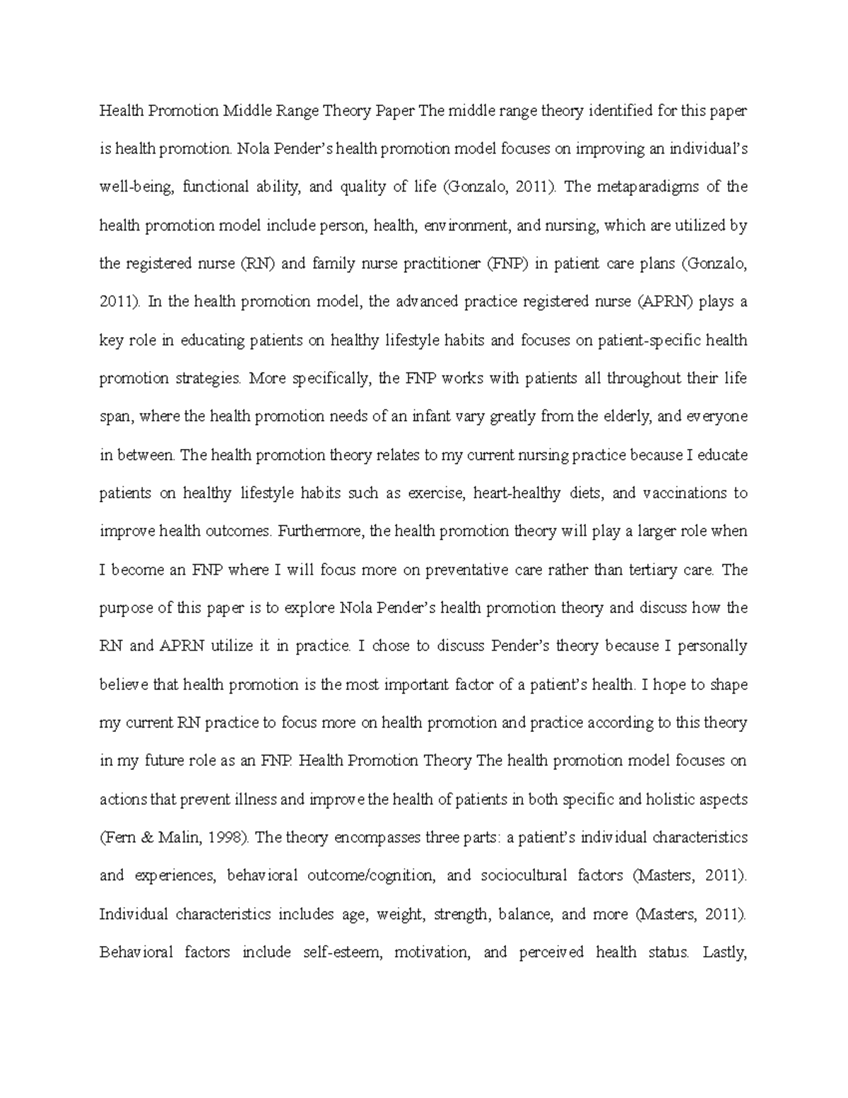 Health promotion essay - Health Promotion Middle Range Theory Paper The ...