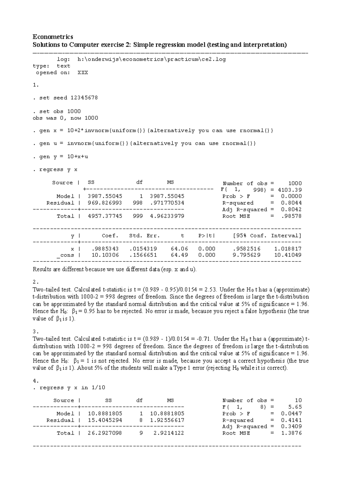 Solutions Computer Exerc. 2 - Econometrics Solutions to Computer exercise 2: Simple regression ...