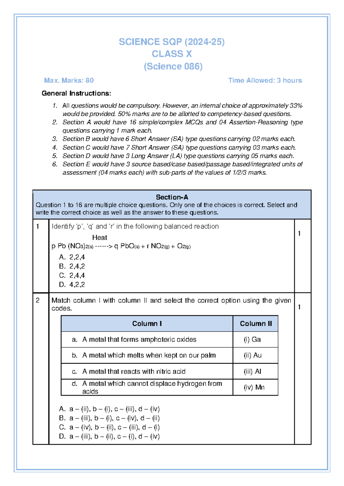 Class X Science CBSE SQP - SCIENCE SQP (2024-25) CLASS X (Science 086 ...