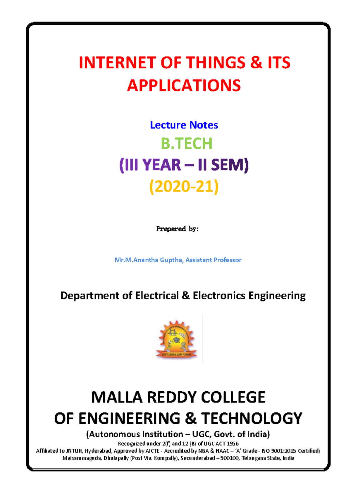 Io T & Applications Digital Notes - INTERNET OF THINGS & ITS ...