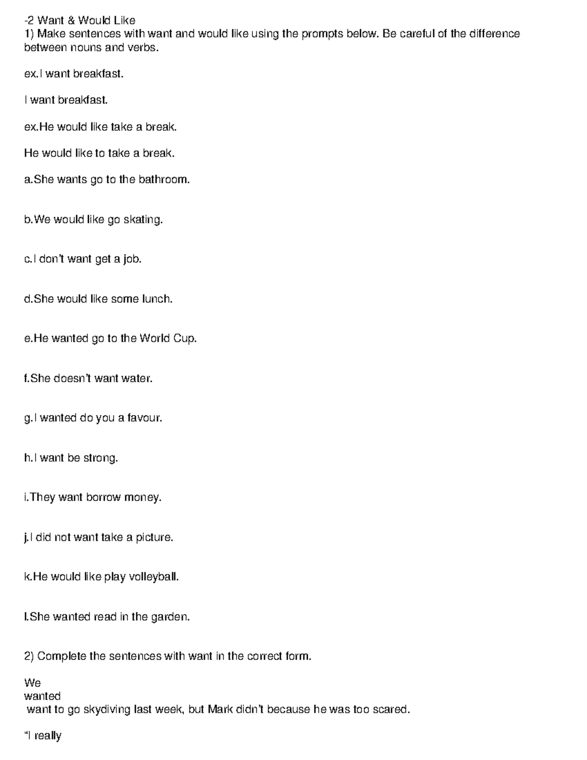 want y would like -2 Want & Would Like Make sentences with want and ...