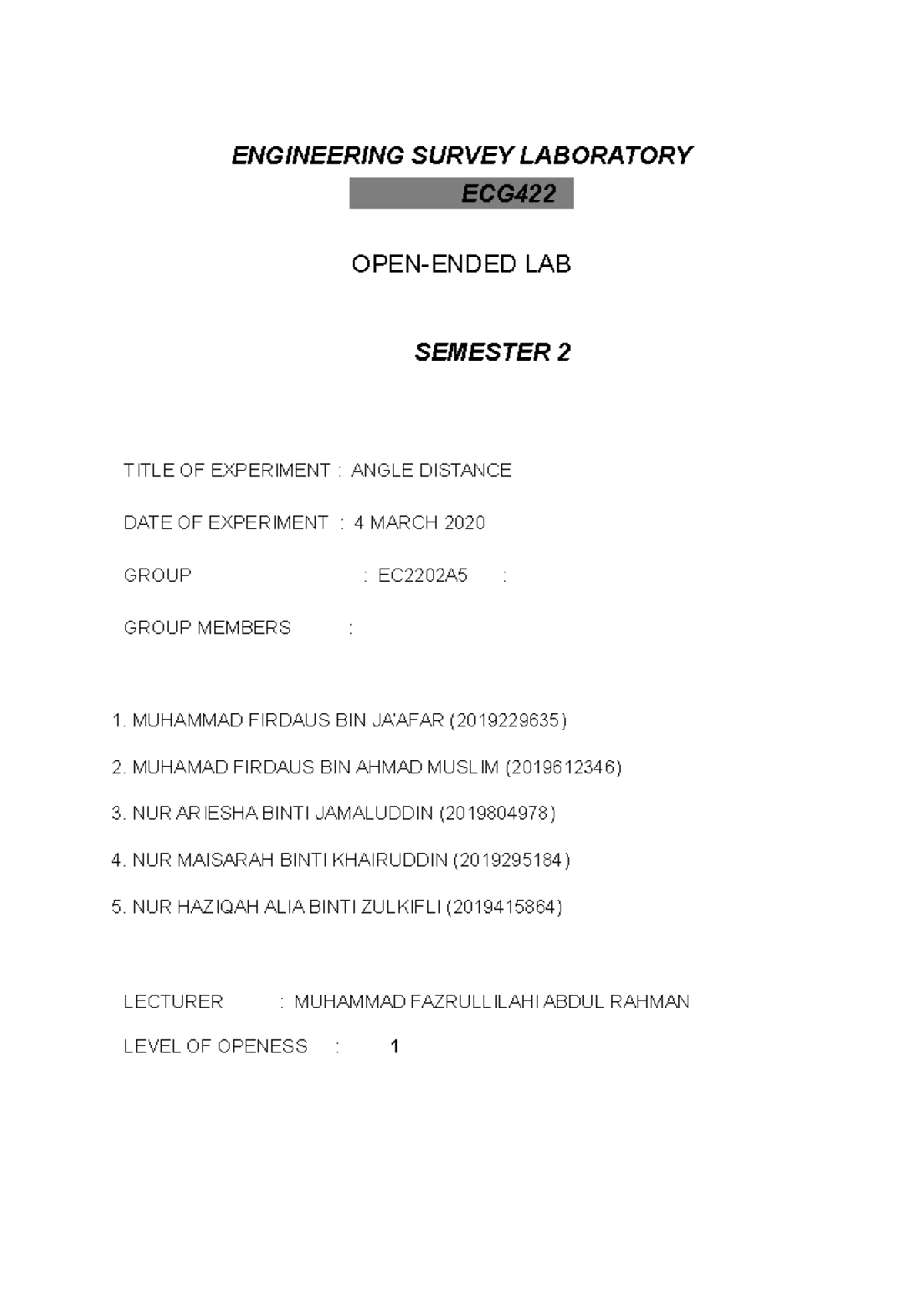 Angle Distance Level 1 - survey - ENGINEERING SURVEY LABORATORY ECG ...