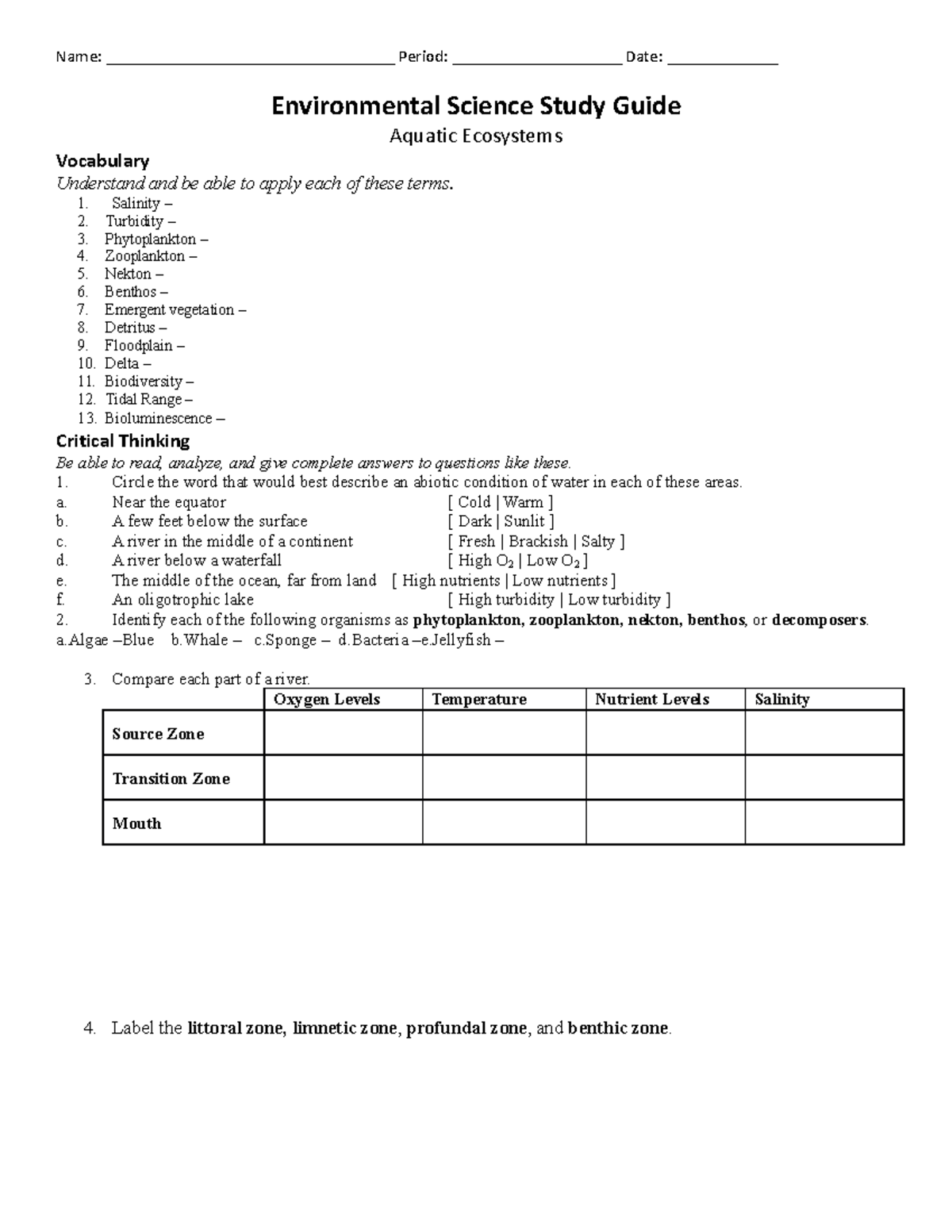Aquatic Ecosystems Study Guide - Name ...