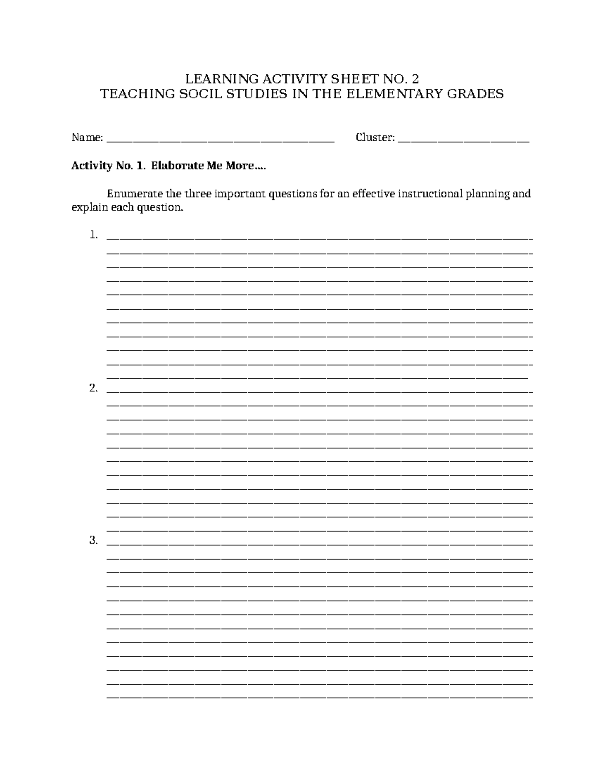 New-LAS-No - lesson plan - LEARNING ACTIVITY SHEET NO. 2 TEACHING SOCIL ...
