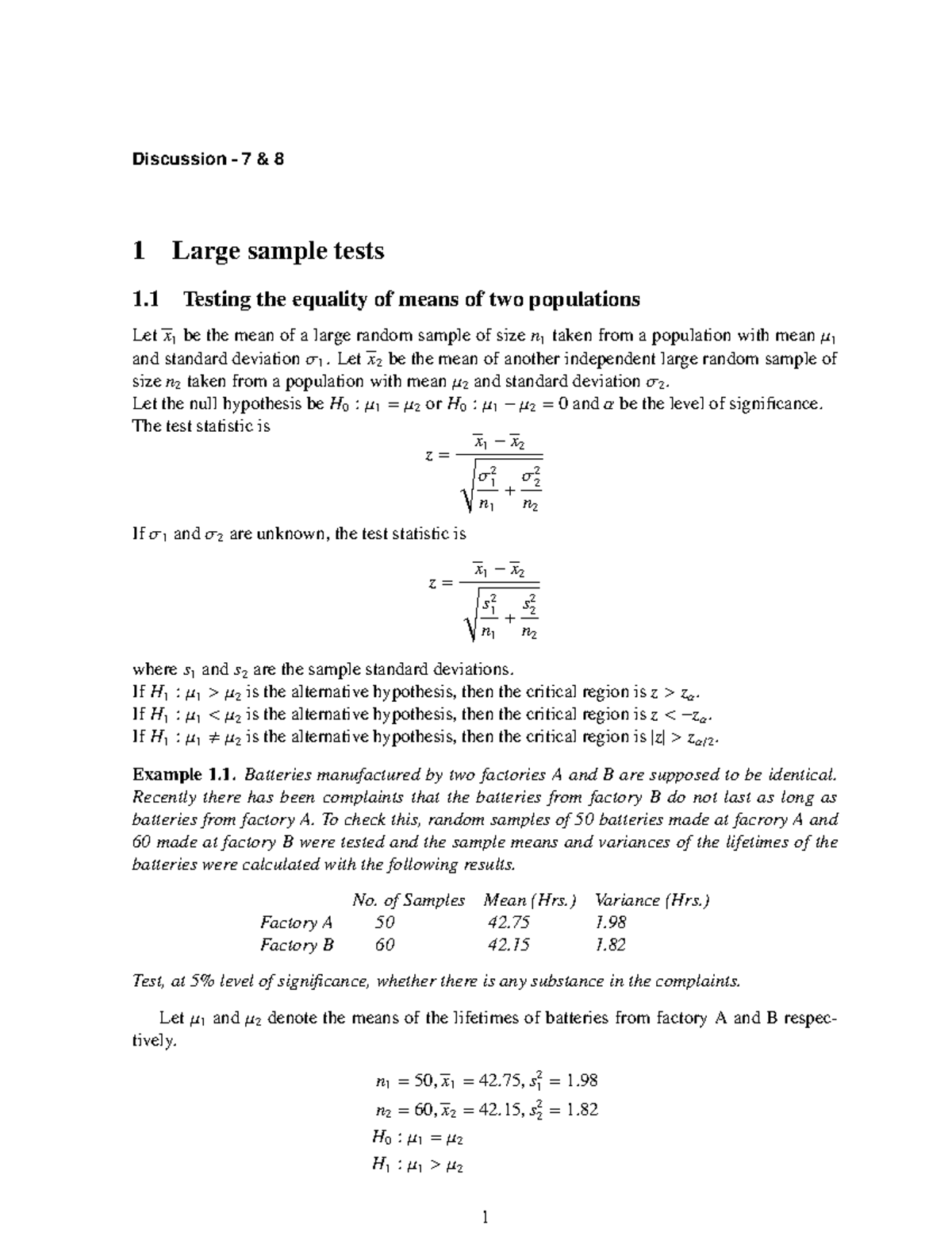 Large sample tests - Brief lecture notes - Discussion - 7 & 8 1 Large ...