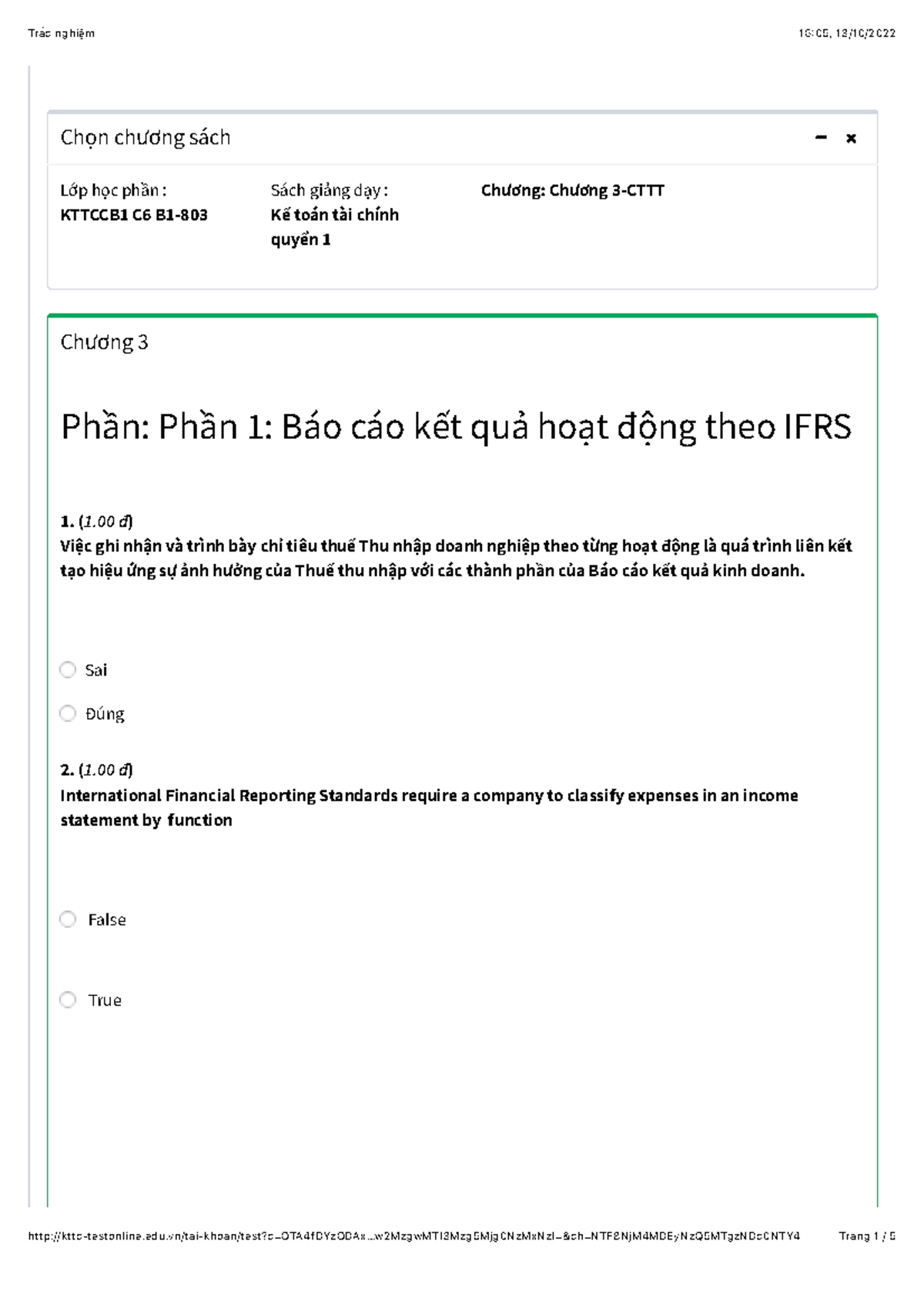 Trắc-nghiệm-c3 - cfccc - Chọn chương sách! " Lớp học phần : KTTCCB1 C6 ...