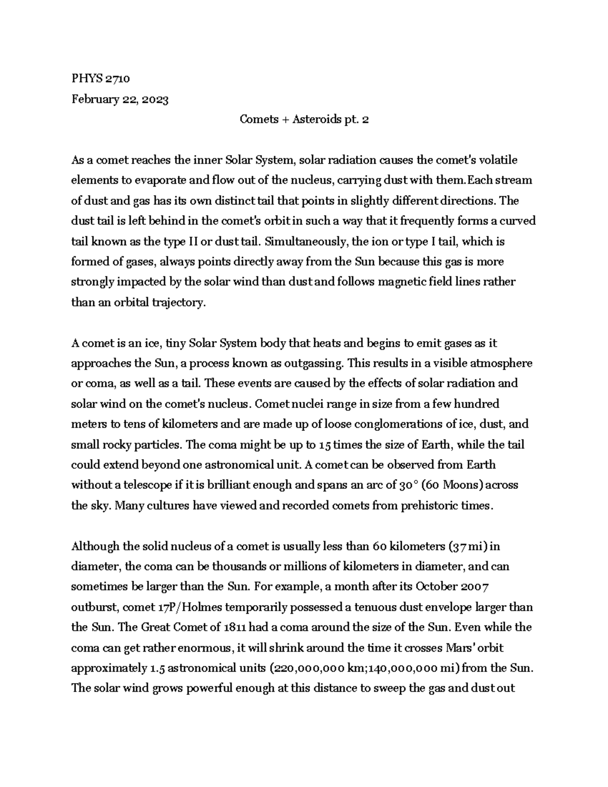 Astronomy 2 22 23 pt. 2 - PHYS 2710 February 22, 2023 Comets ...