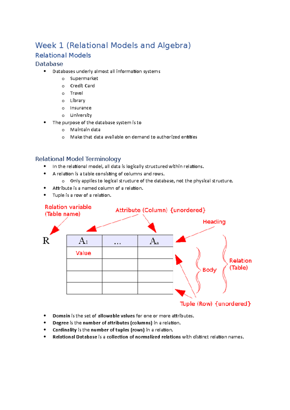 INFS2608 Notes - Week 1 (Relational Models and Algebra) Relational ...