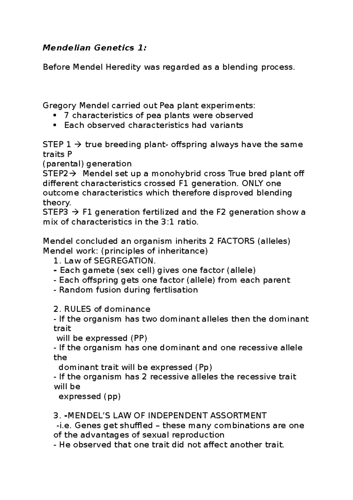 Mendelian Genetics 1 - Just notes from 1st year - Mendelian Genetics 1 ...