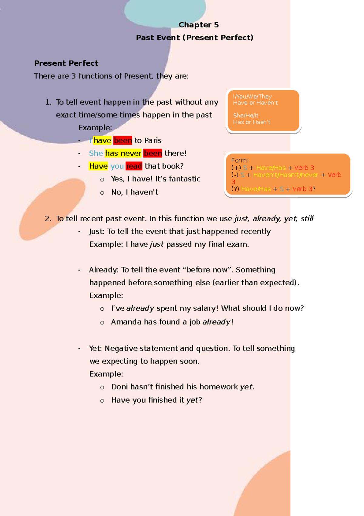Present Perfect - Read carefully. - Chapter 5 Past Event (Present ...