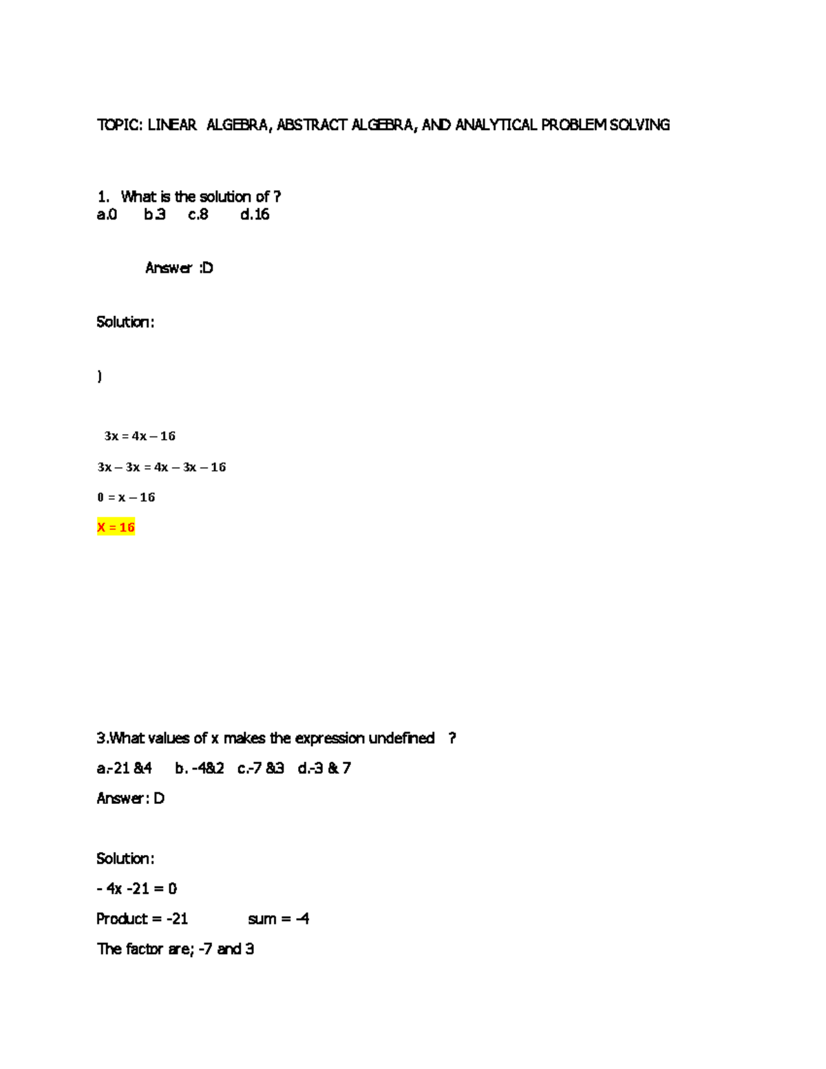 16 Linear Algebra, Abstract Algebra, AND Analytical Problem Solving ...