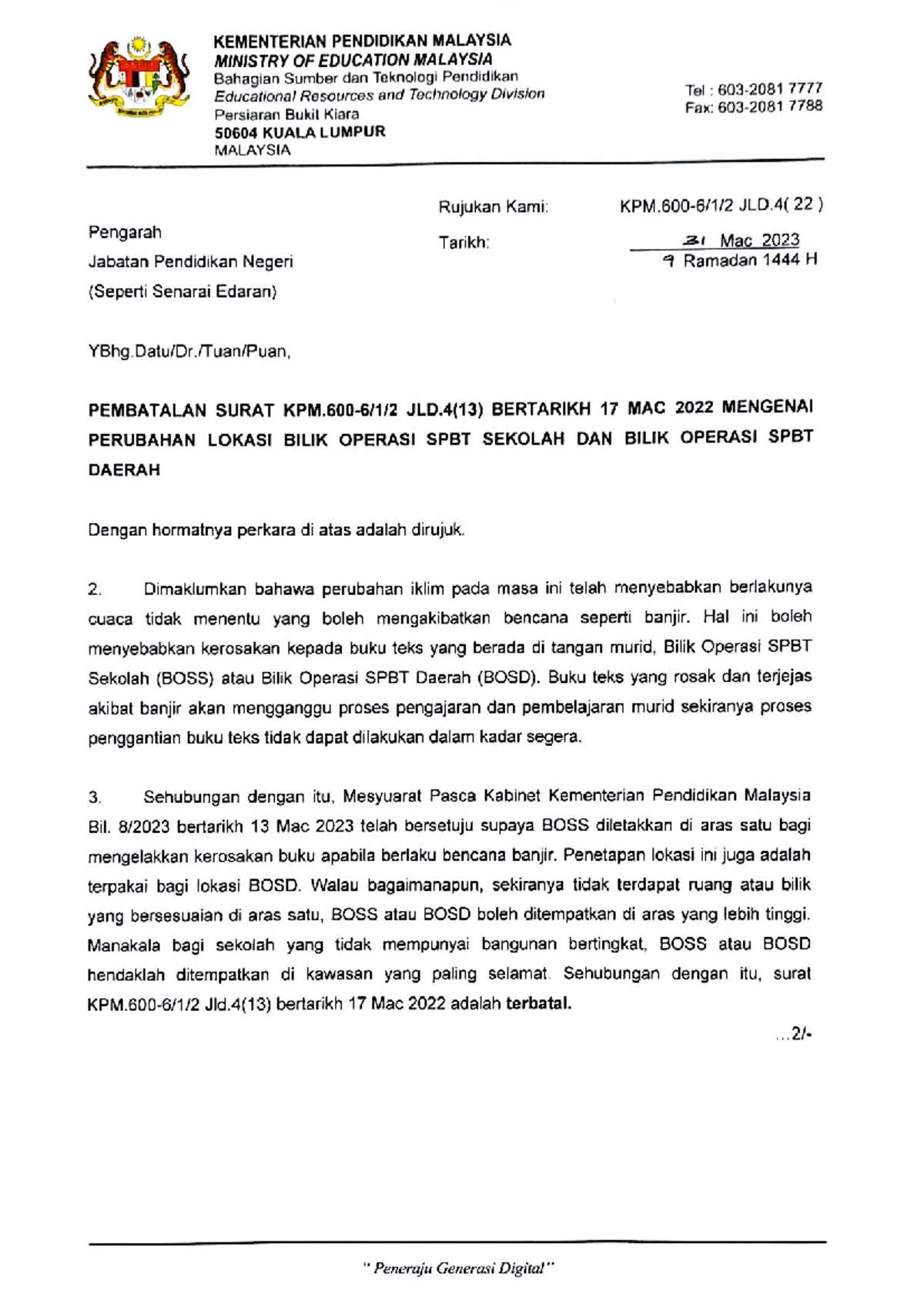 Ralat Pembatalan Surat Perubahan Lokasi BOSS DAN BOSD Bertarikh - KEMENTERIAN PENDIDIKAN ...